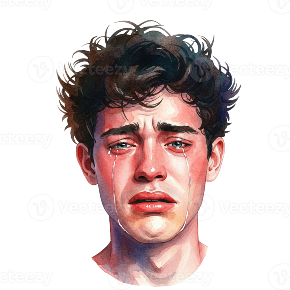 Young Man Crying Watercolor Portrait Sadness Emotion Pain Tears boy art red face blue dark human ...