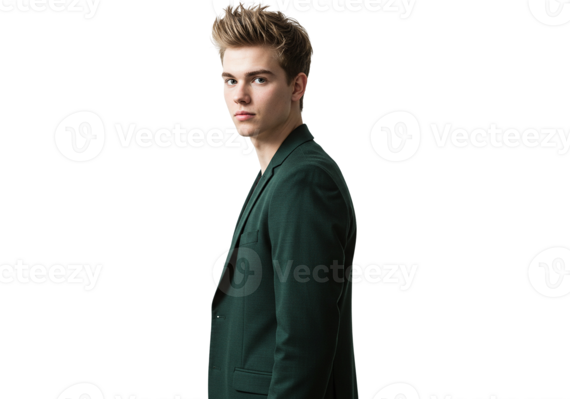 Stylish Young Man Green Jacket Studio Portrait Black Background men male hair look pose style ...