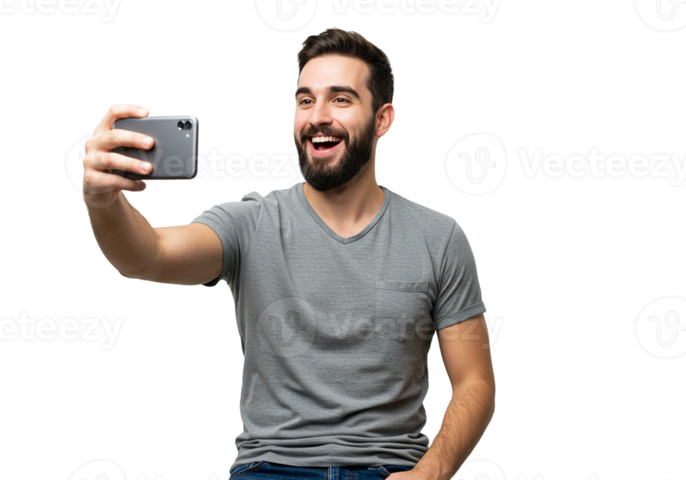 Happy Man Taking Selfie Smiling Grey Shirt Phone Photo Male Black Young ...