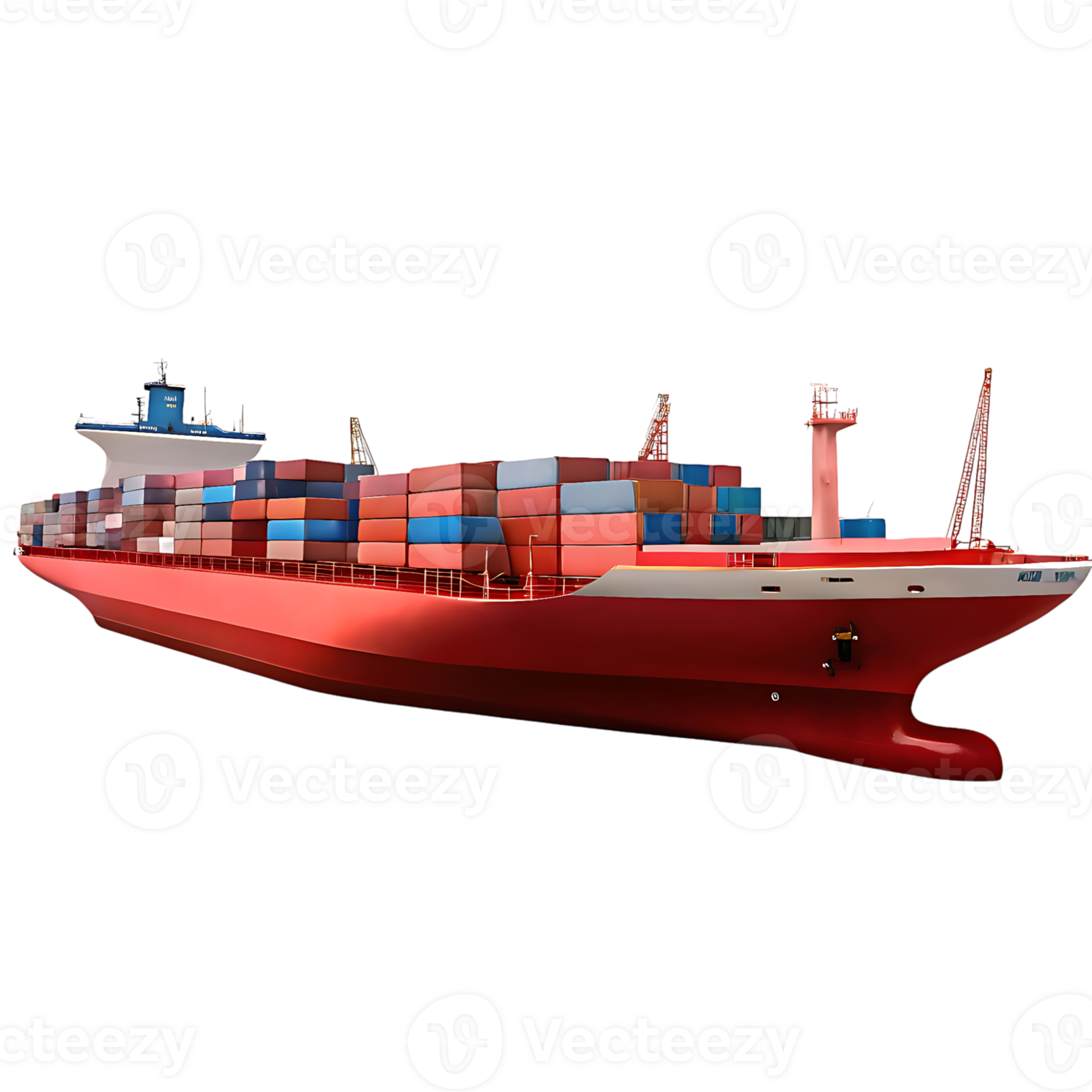 A large red container ship carrying numerous cargo containers on a dark background 56418434 PNG