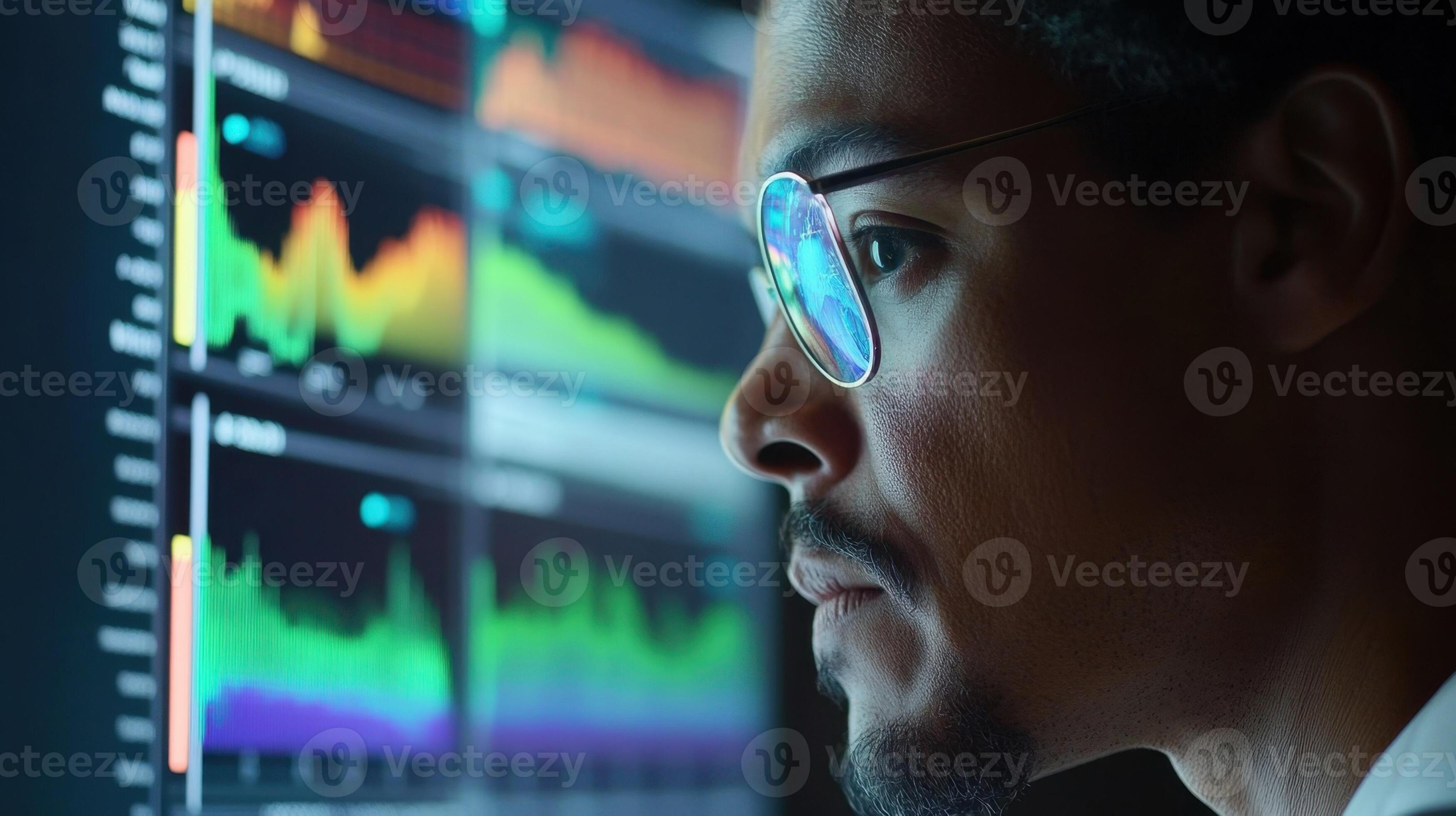 Financial Analyst Monitoring Global Market Trends On Multiple Screens