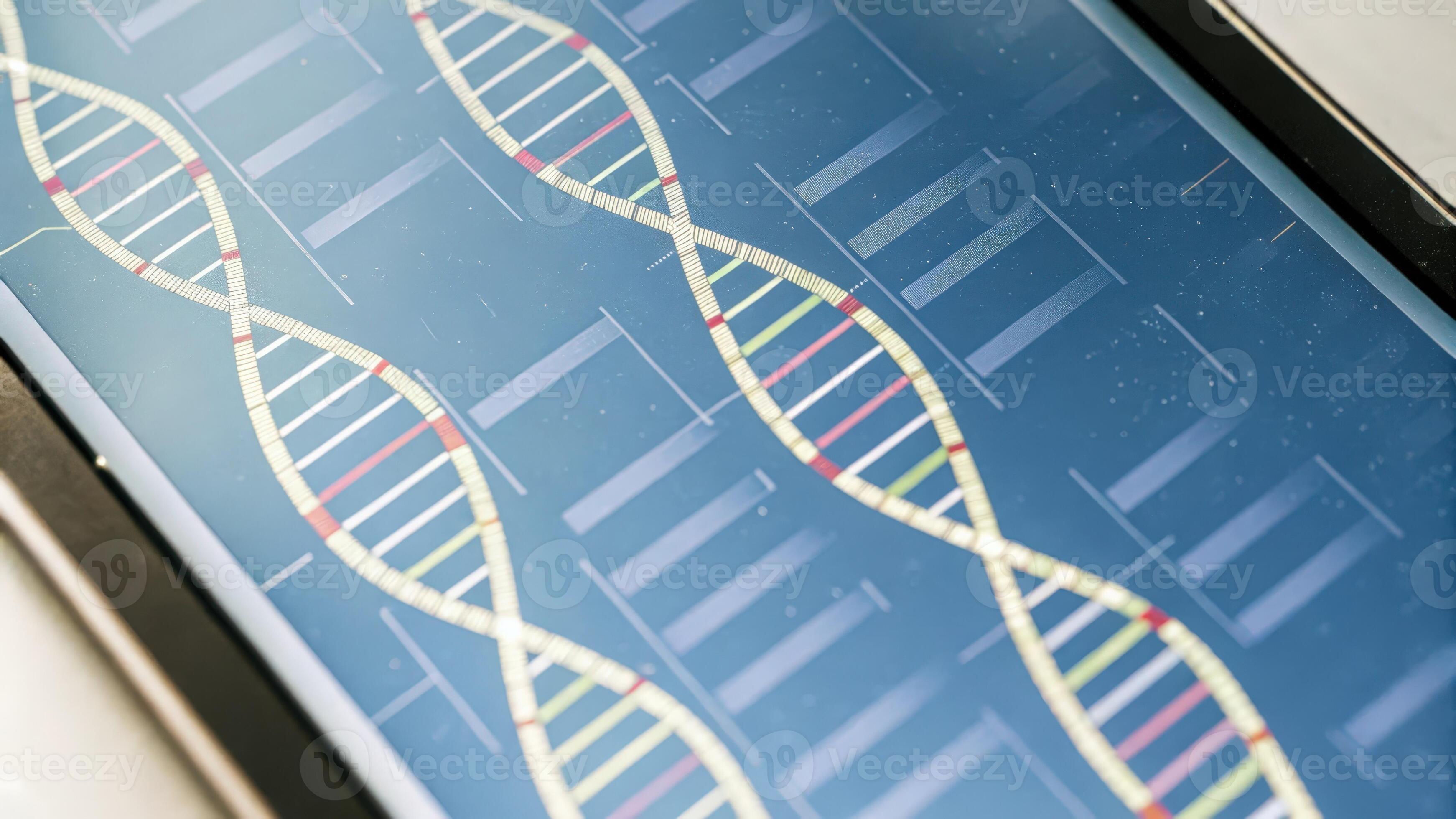 Closeup view of a virtual screen featuring layered holograms of DNA ...