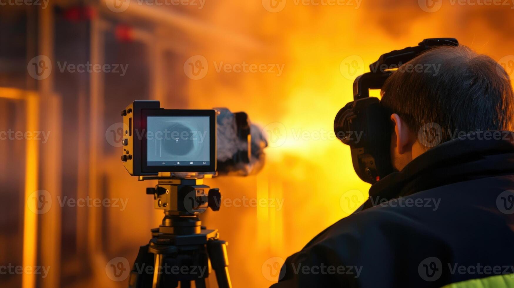 An action shot of a professional photographer using a highend camera ...