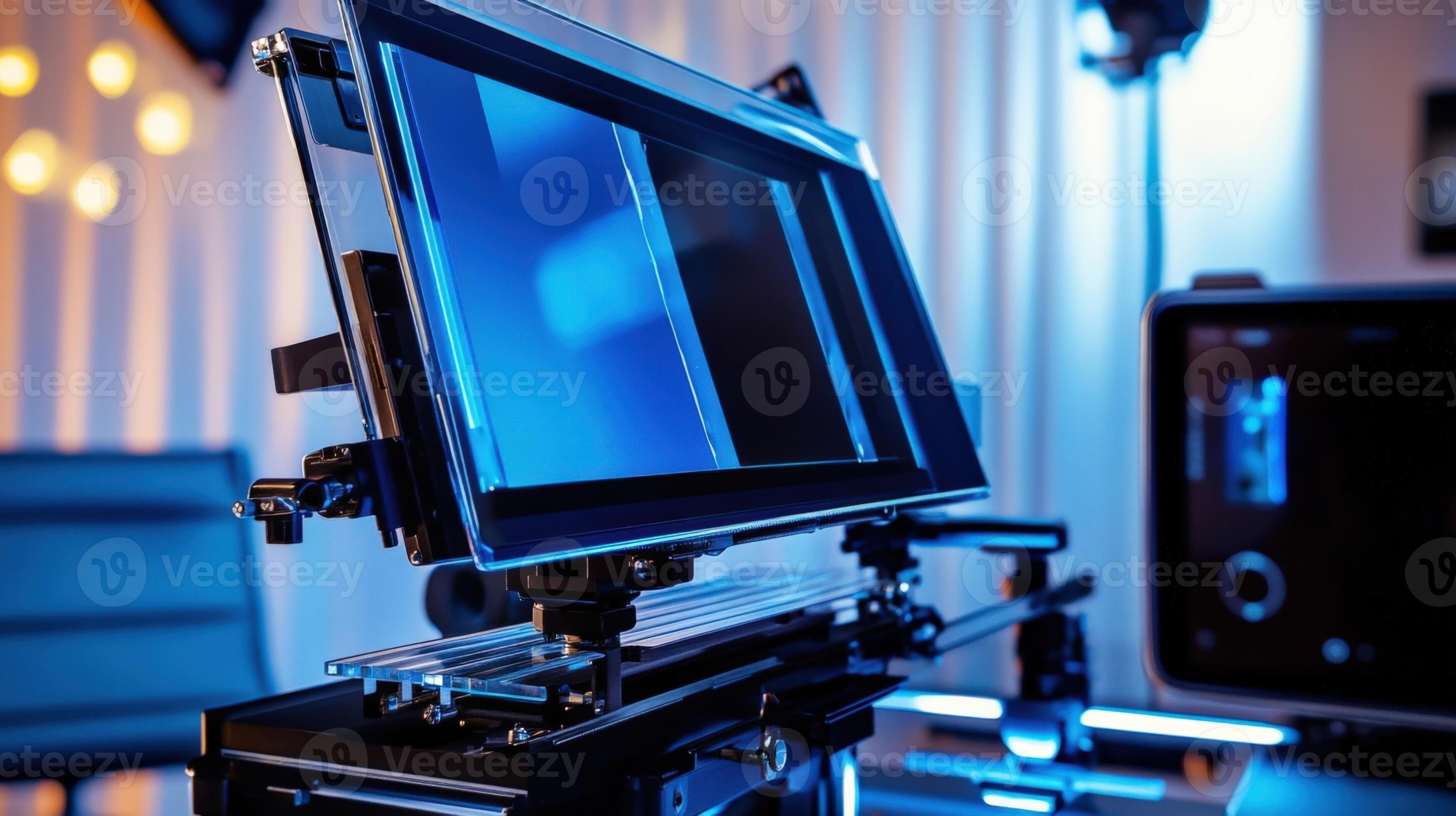 Professional teleprompter showing script on set during filmmaking ...