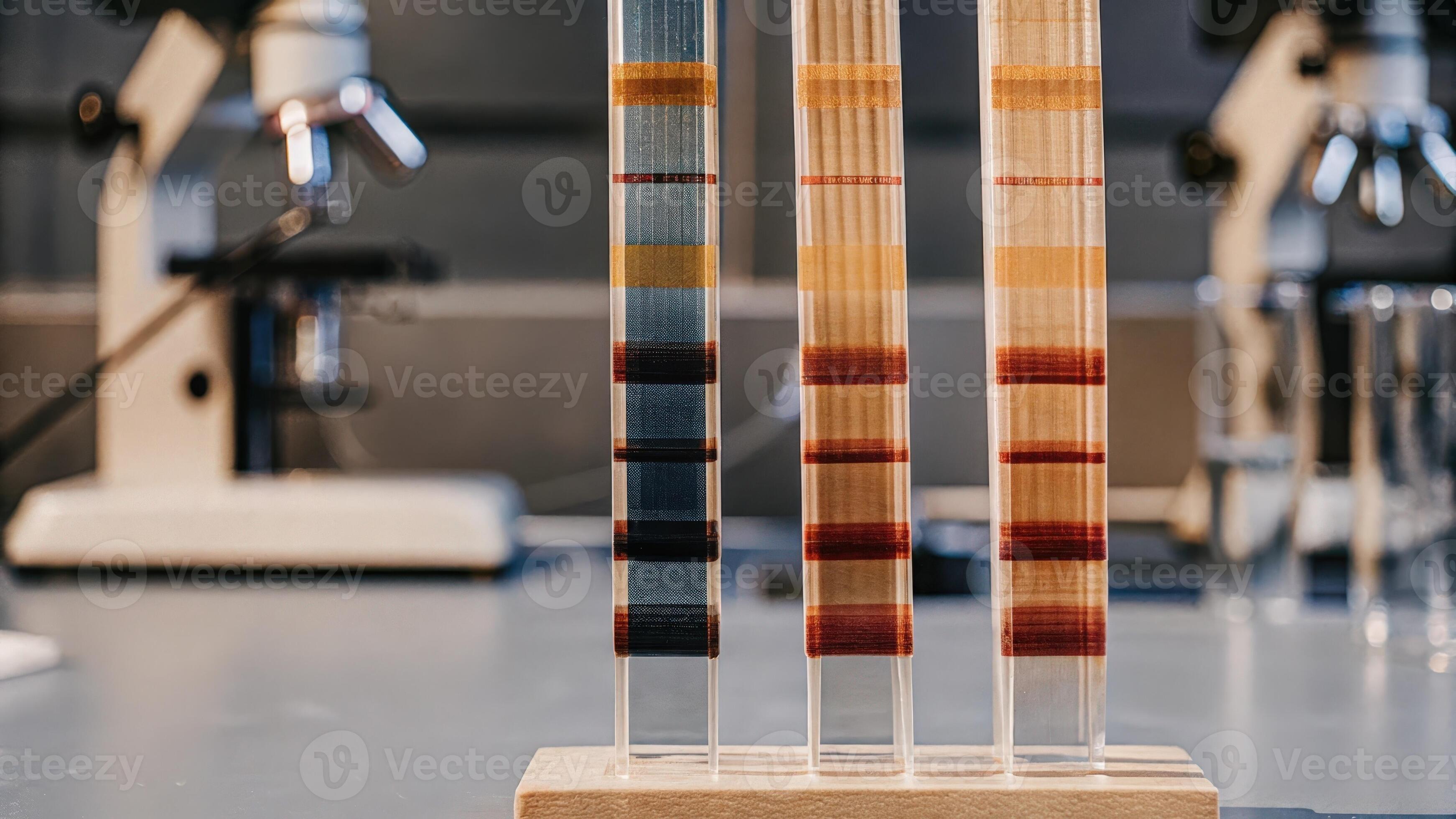 A laboratory setting featuring a multicolored gel electrophoresis setup ...