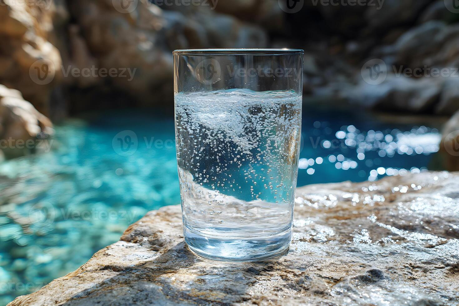 Refreshing Sparkling Water Glass on Rocky Surface by Clear Blue Pool 56428098 Stock Photo at ...
