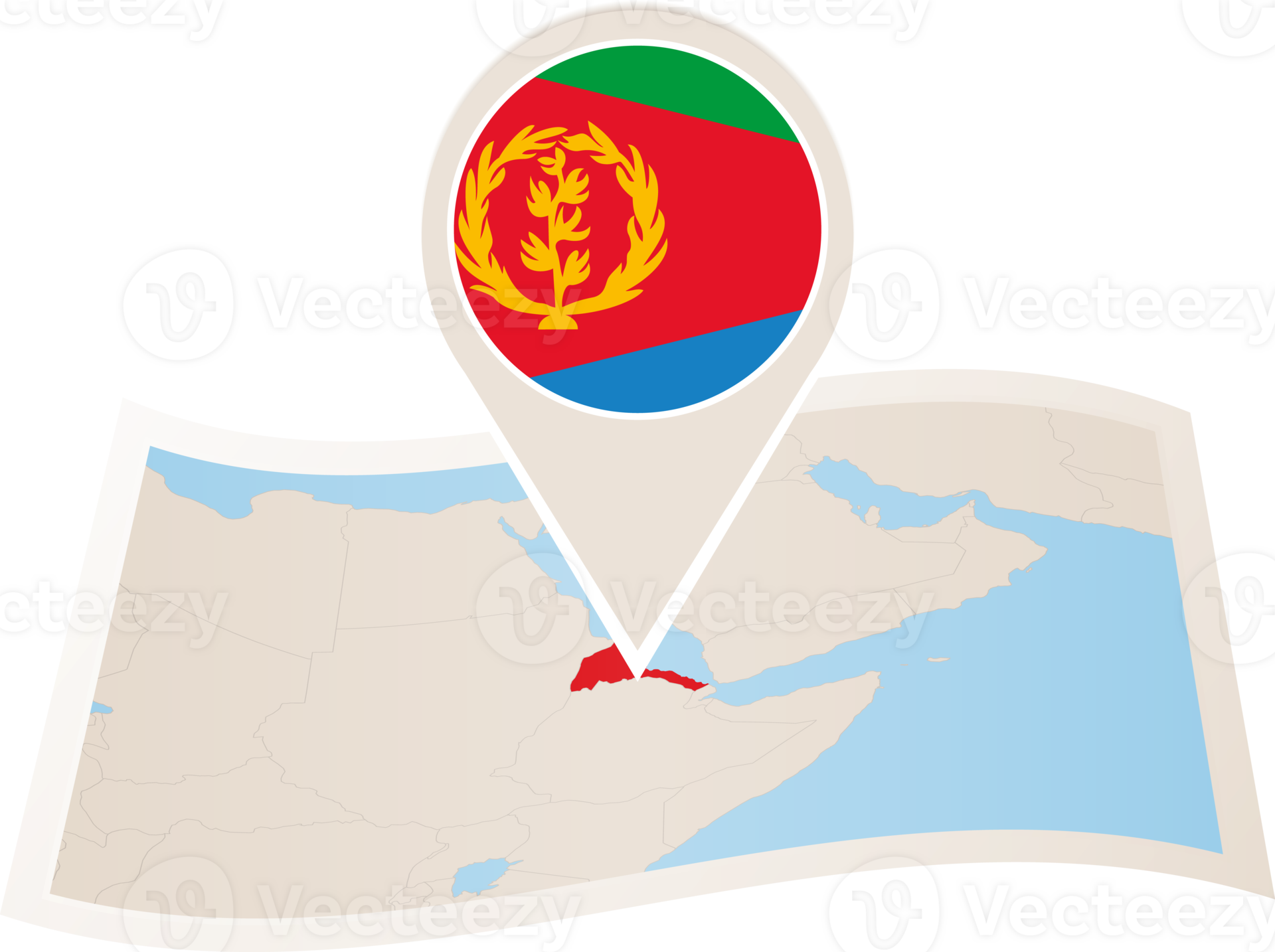 Folded map of Eritrea with flag pin of Eritrea. 56435975 PNG