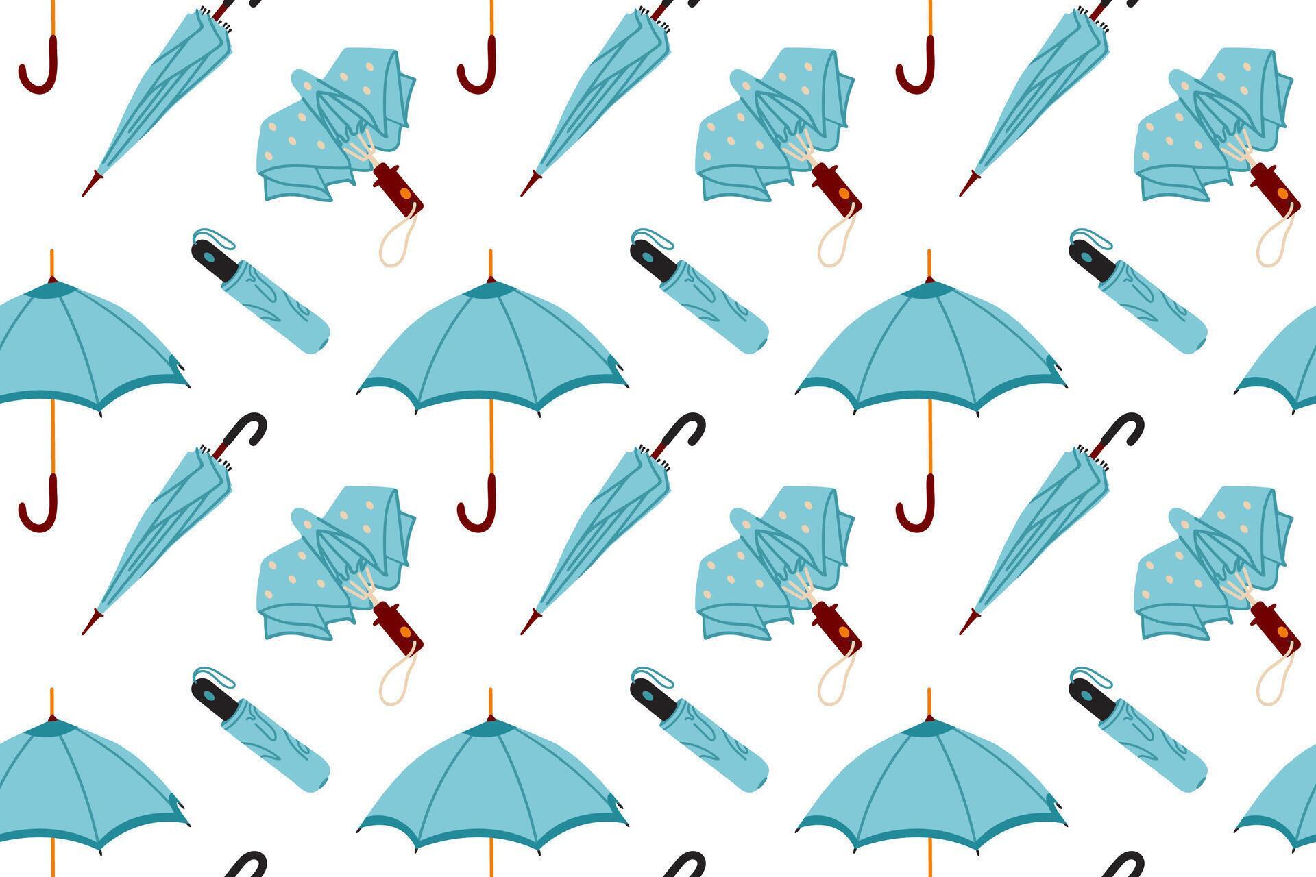 Blue Seamless pattern of various umbrellas. Open, folded, and closed umbrellas. Various ...