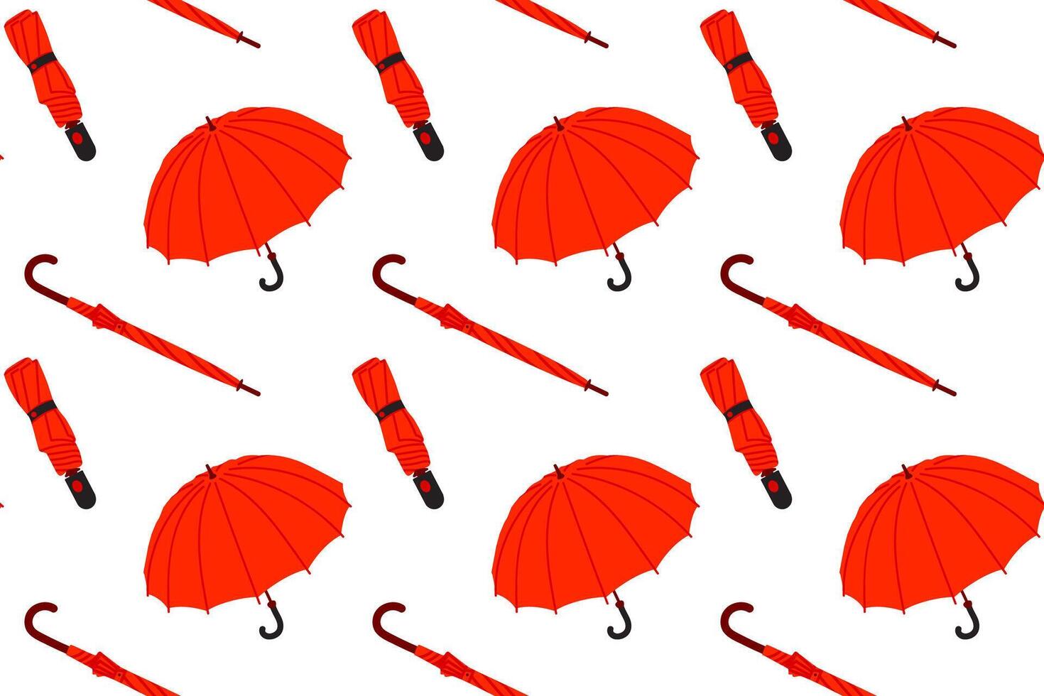 Red Seamless pattern of various umbrellas. Open, folded, and closed umbrellas. Various positions ...