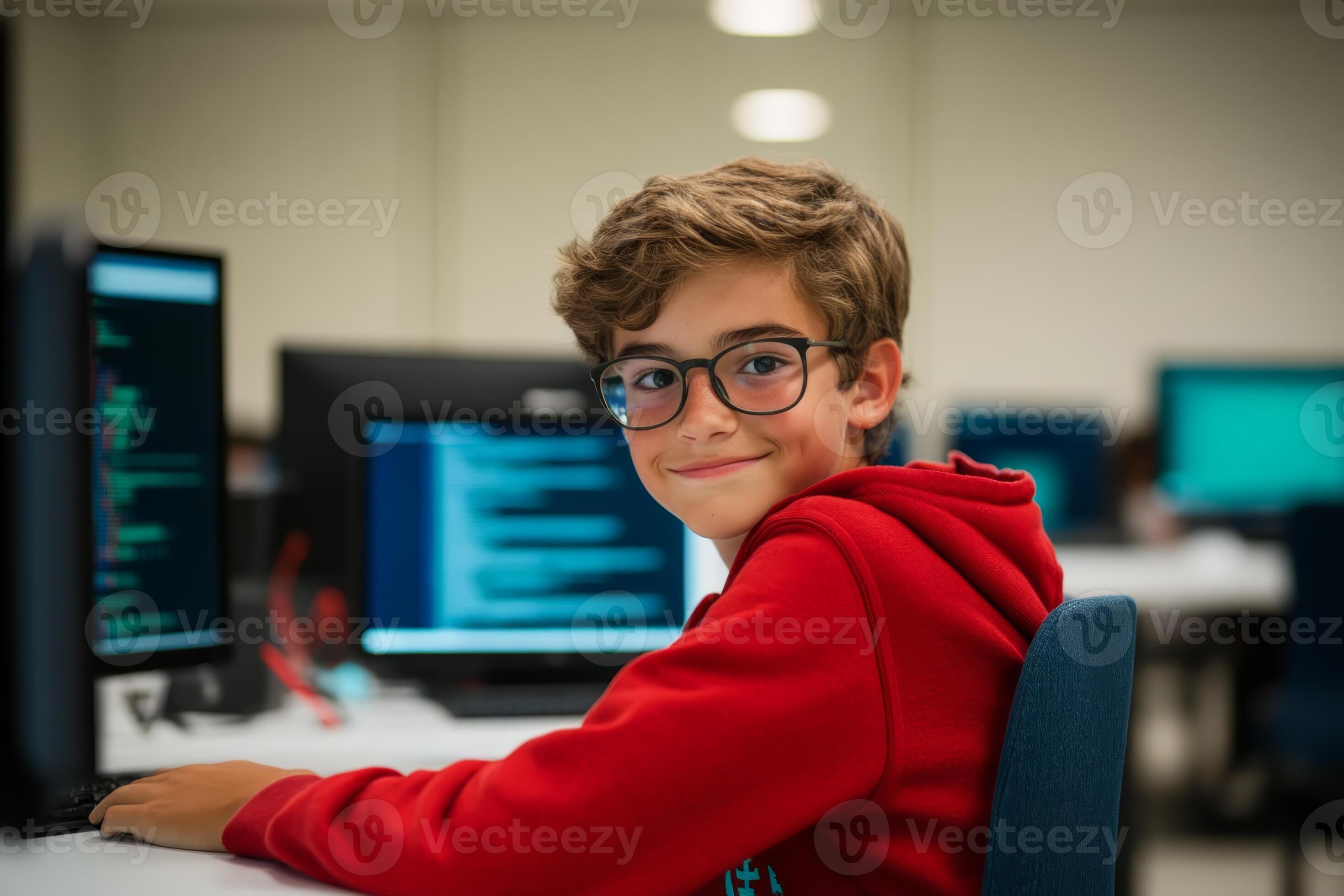 Young boy coding at a computer in a classroom environment during a ...