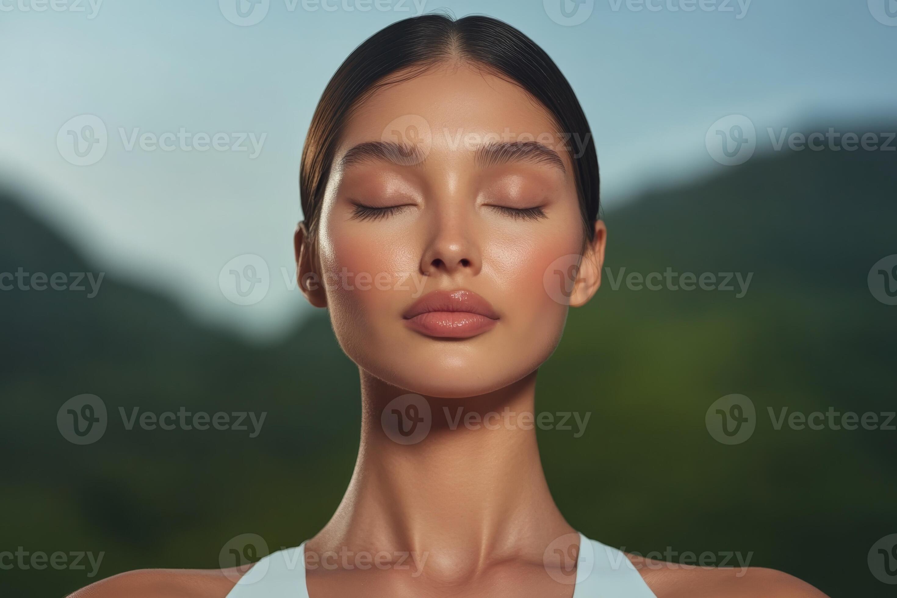 Woman practicing mindfulness meditation in a serene outdoor setting surrounded by nature ...