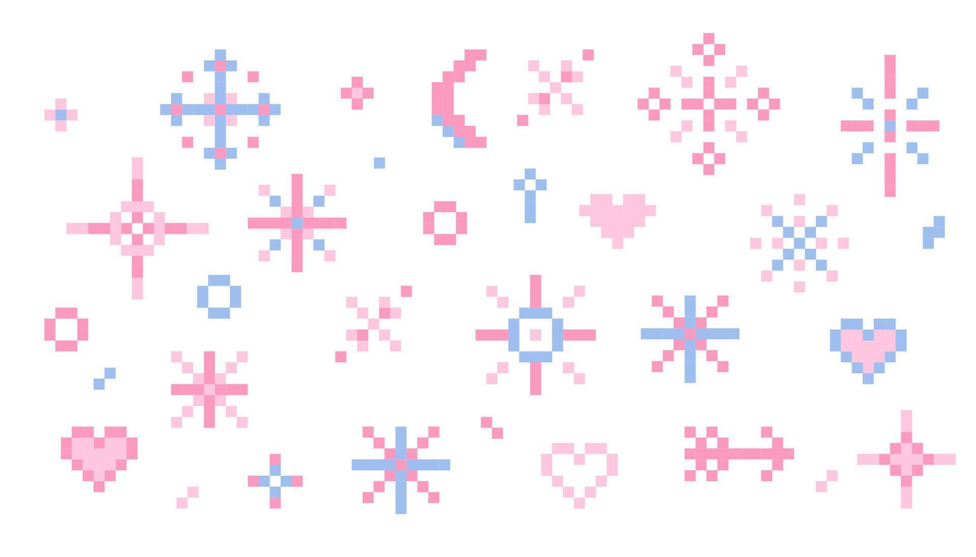 Pixel star sparkle cute retro 8 bit sparkle set. Shiny pink game pixel art effect set. Firework ...