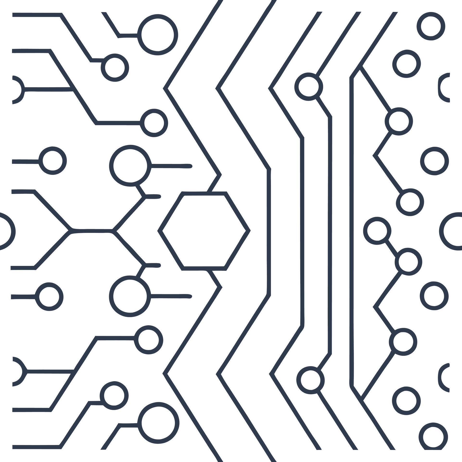 Sleek techno circuits seamless pattern with layered electronic diagrams and digital grid lines ...