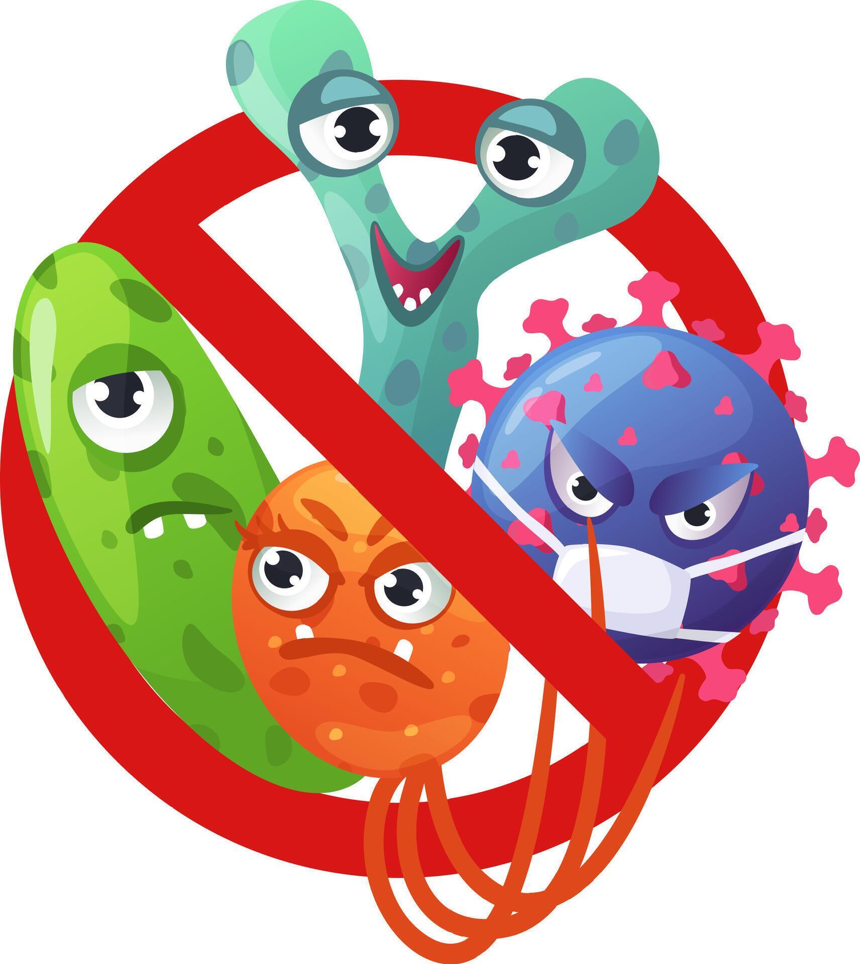 Cartoon germs and viruses with angry expressions are blocked by a large ...