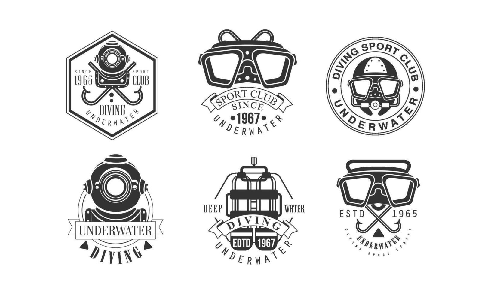 Diving Sport Club Retro Logo Templates Set, Deep Water Monochrome ...