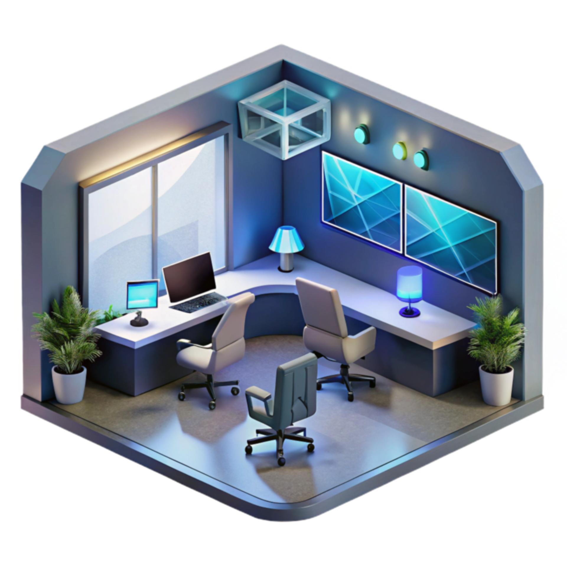 Modern Office Workspace Design Ergonomic Chairs Dual Monitors Ambient Lighting 56482633 Png