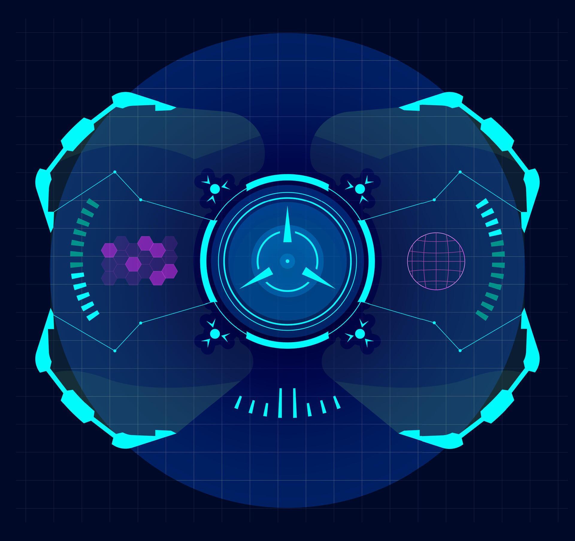 Futuristic virtual screen showing a circular hud interface with data, connections, and various ...