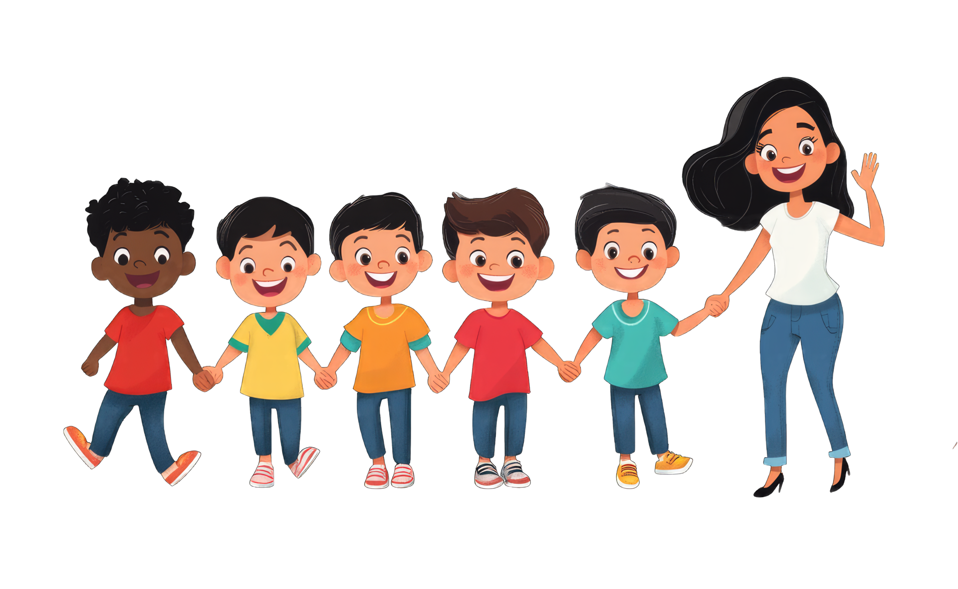 Cheerful illustration of diverse children holding hands with their teacher Perfect for ...