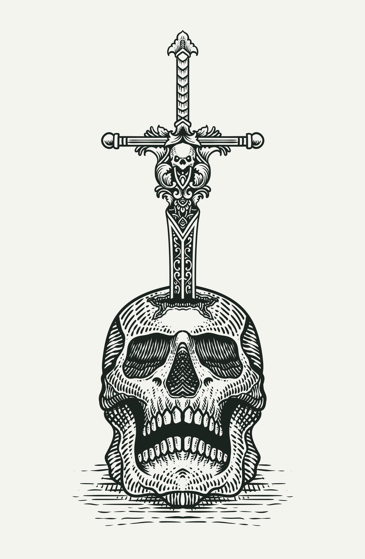 Illustration of a sword piercing through a skull, showcasing detailed gothic ornamentation and ...