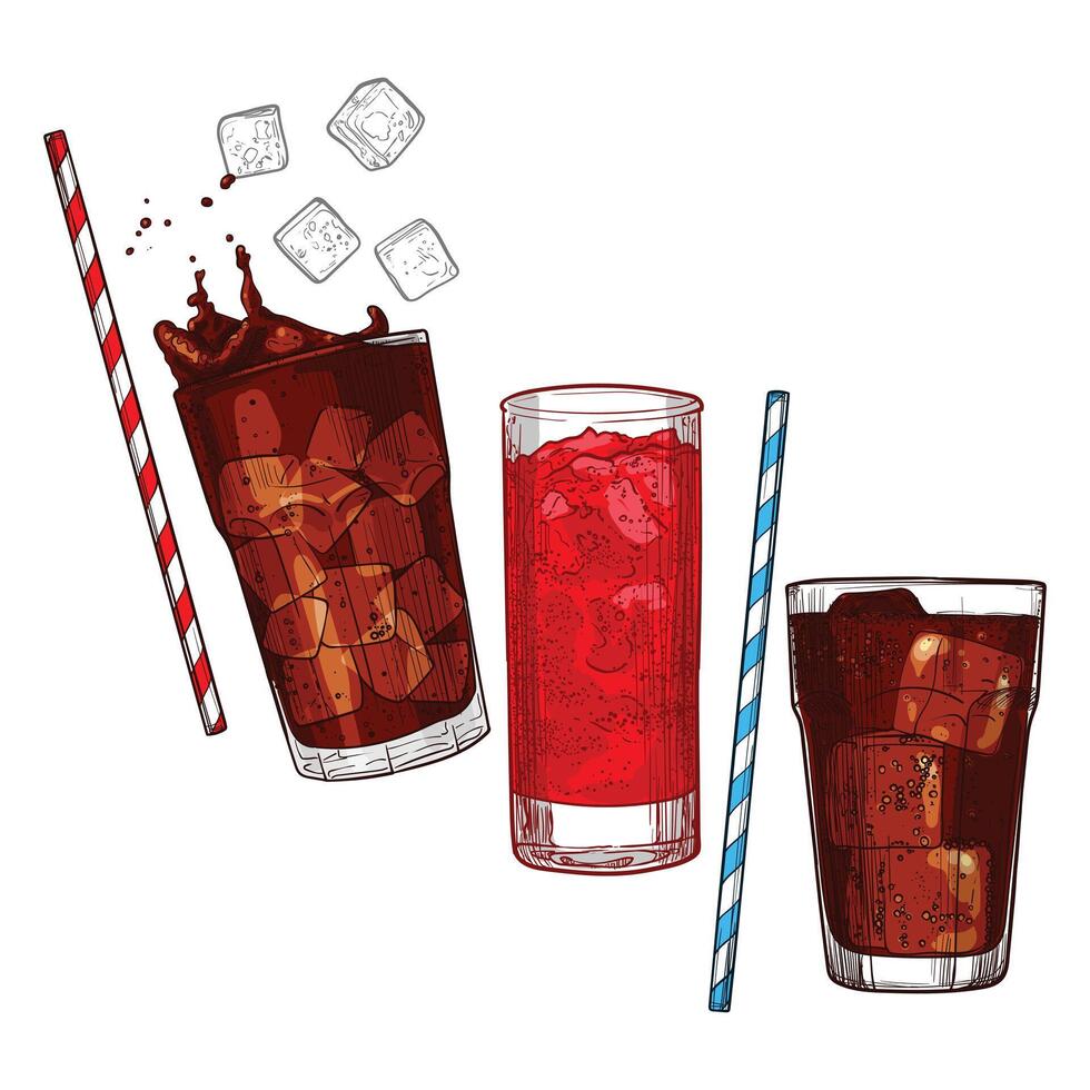 Hand drawn soda glasses with strawberry, berry soft drink, ice cubes ...
