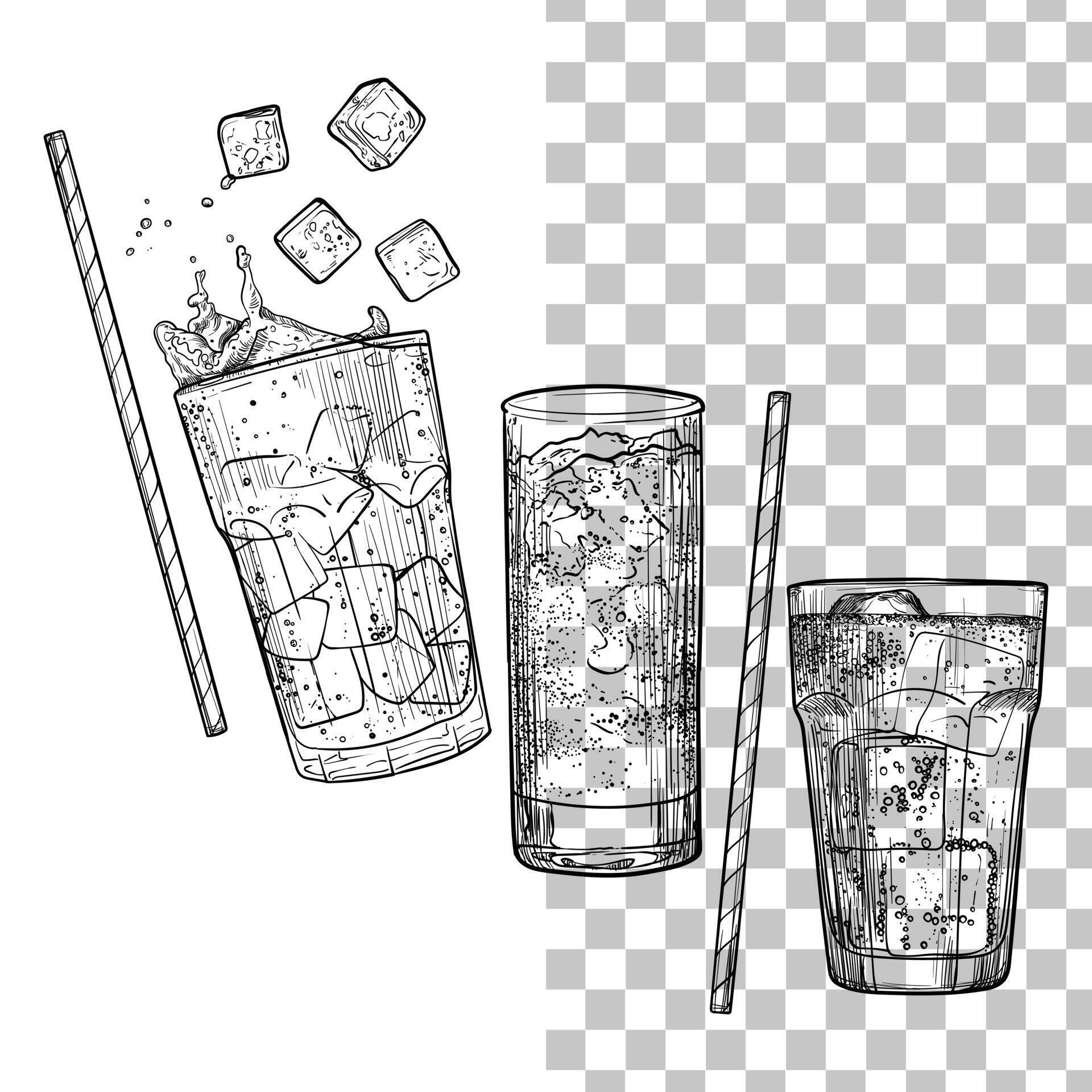 Hand drawn soda glasses with sparkling soft drink, ice cubes, straw, sparkles. Easy to edit ...