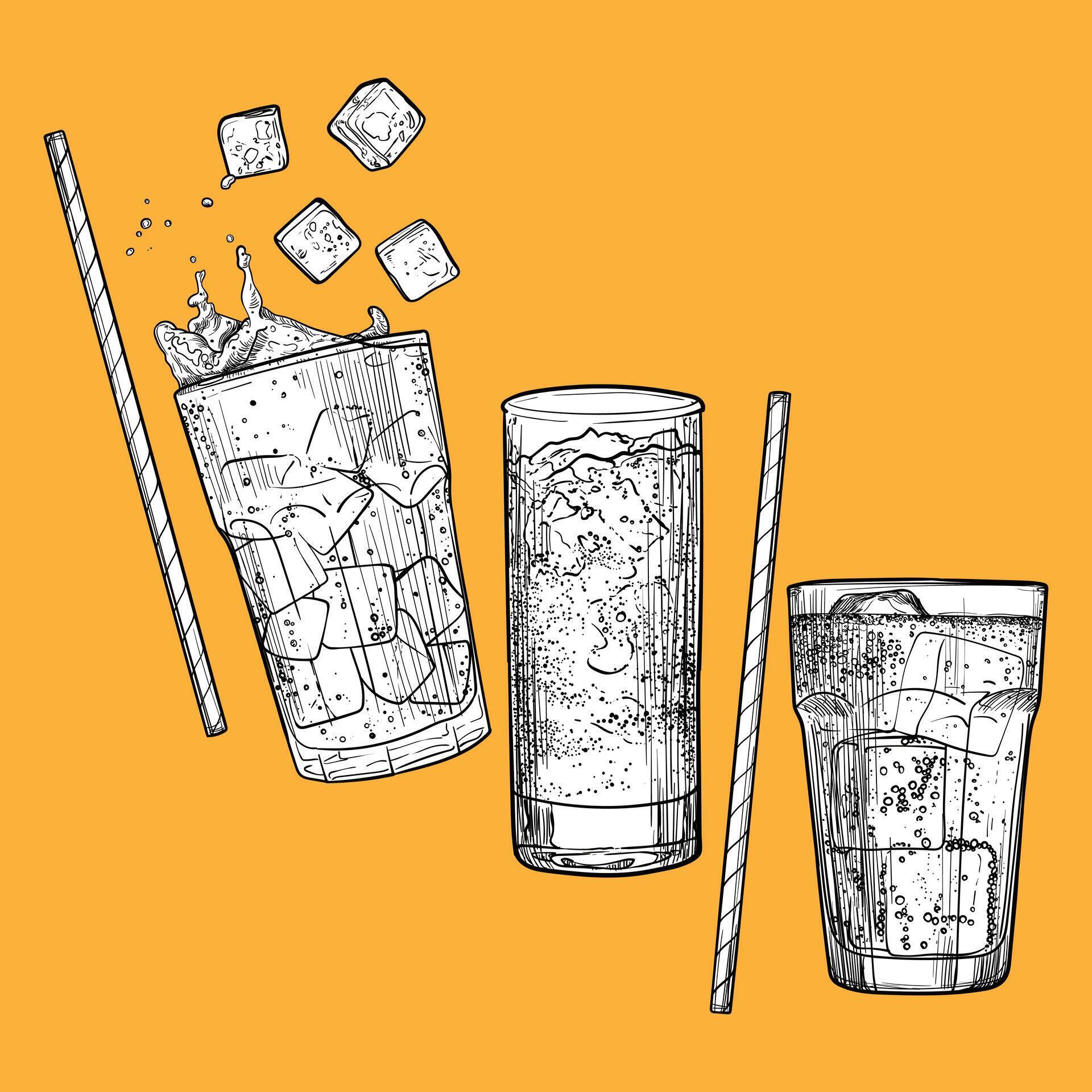 Hand drawn soda glasses with sparkling soft drink, ice cubes, straw, sparkles. Easy to edit ...