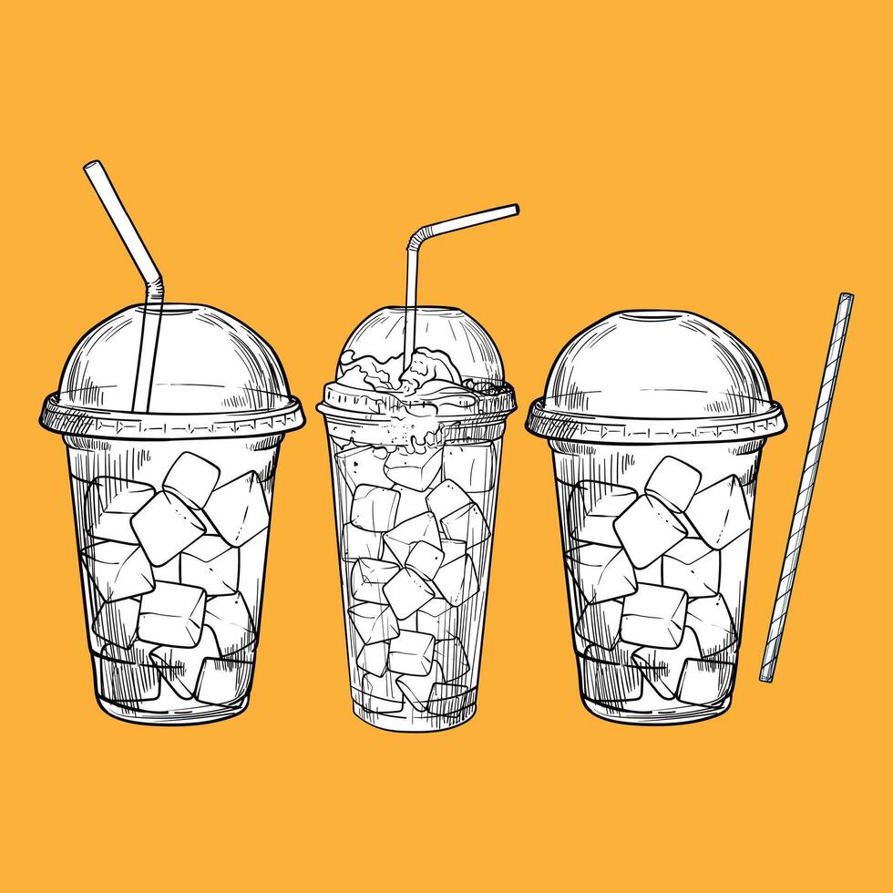 hand drawn beverages with ice cubes in plastic cup with lid and straws ...