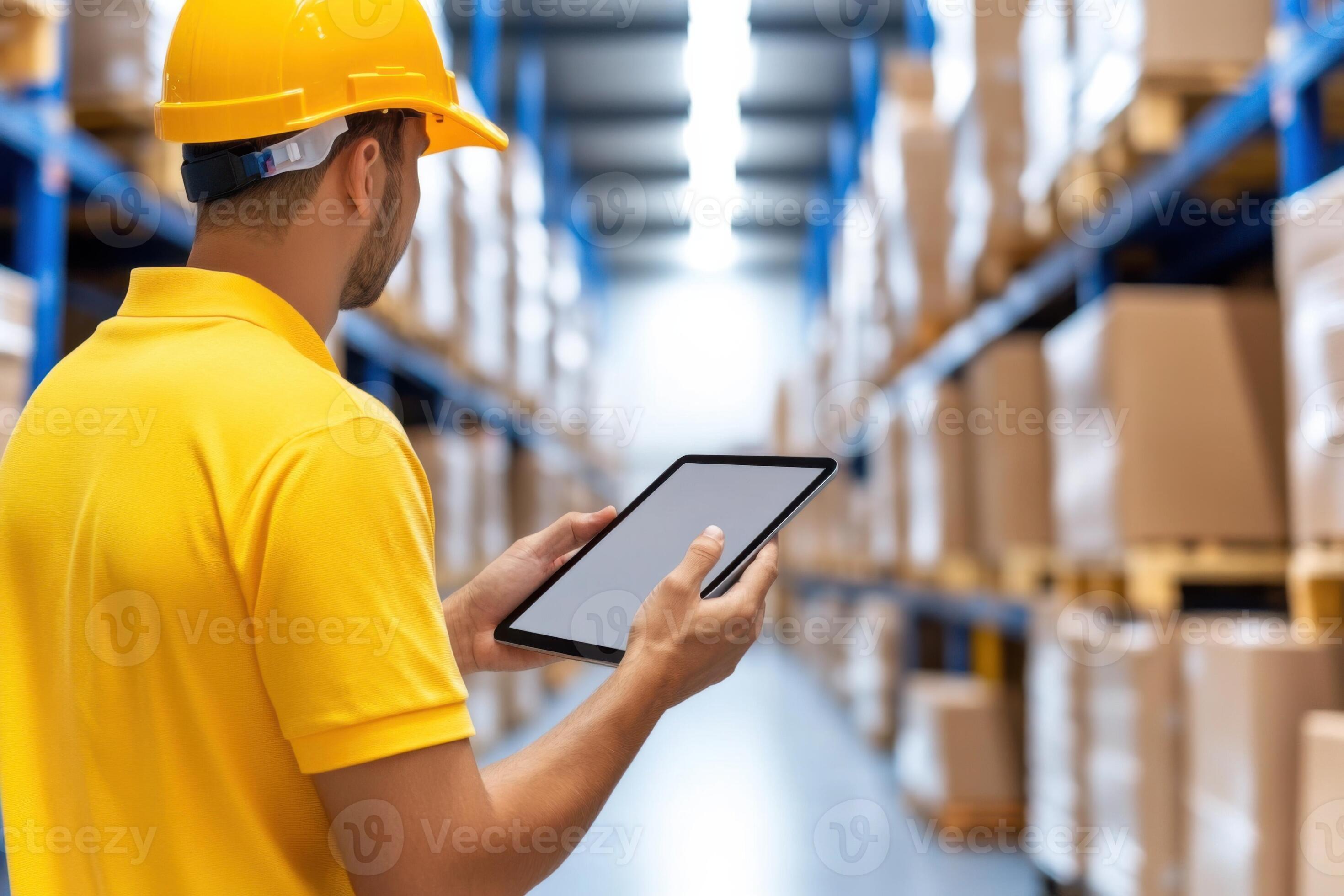 Warehouse worker utilizing a tablet to streamline inventory management ... Warehouse worker utilizing a tablet to streamline inventory management ...