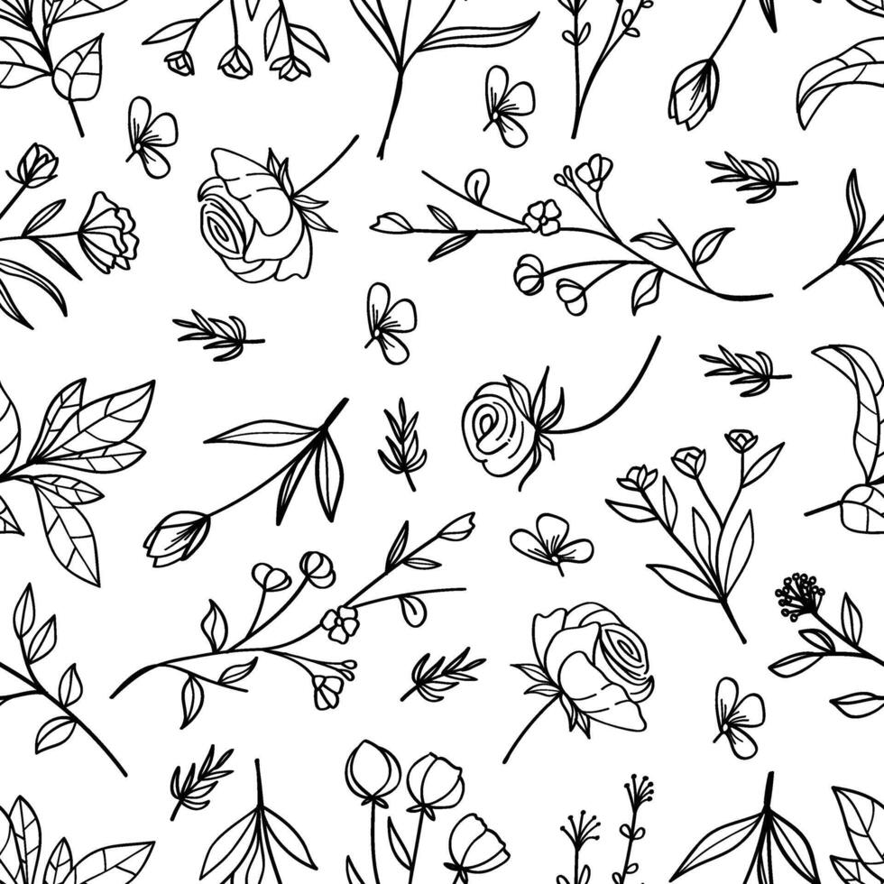 Seamless pattern rose flowers and plants hand-drawn line art ...
