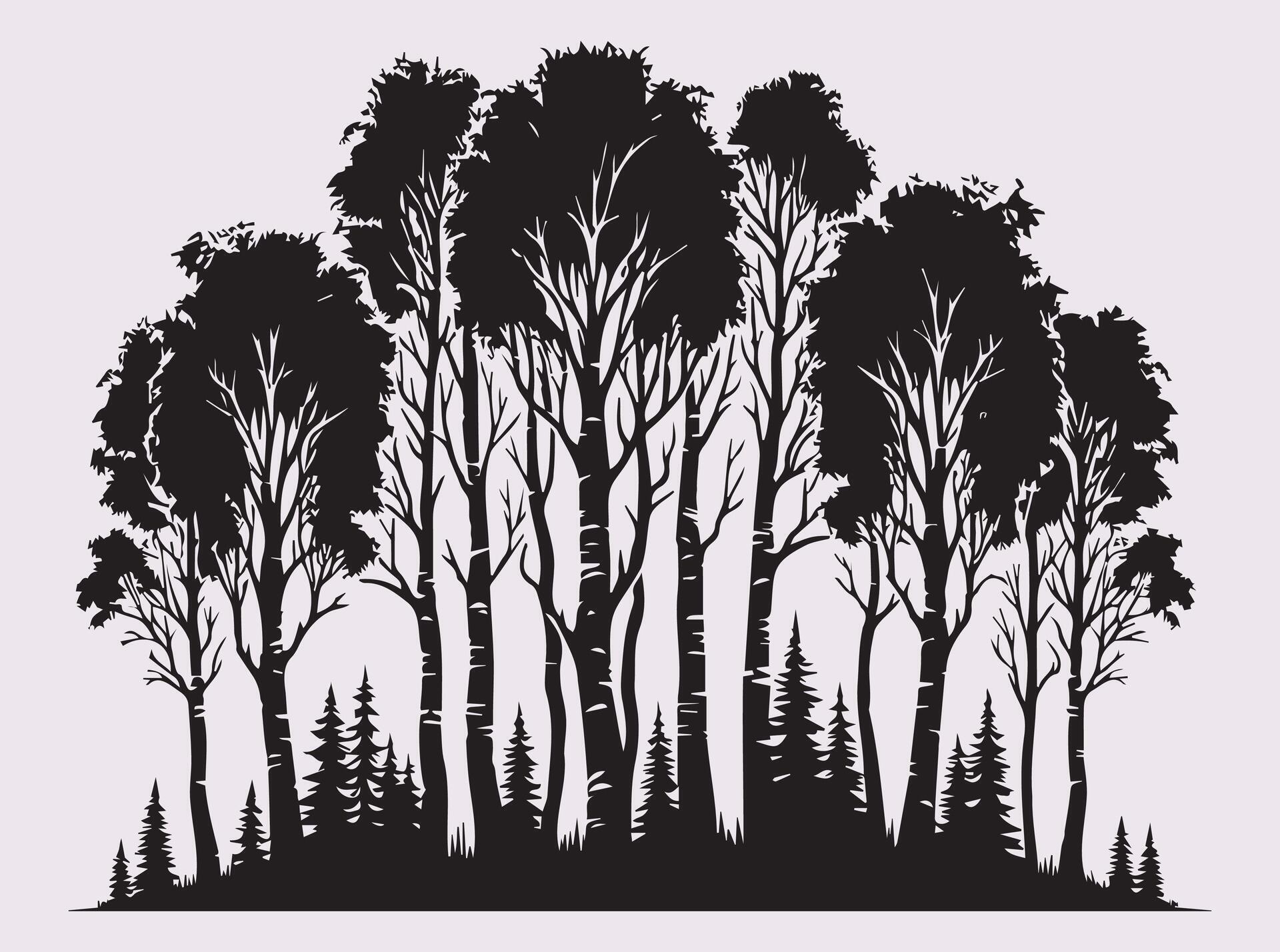 Solid Black Birch Tree Forest Silhouette Illustration Showcasing Tall Trees with Artistic Branch ...
