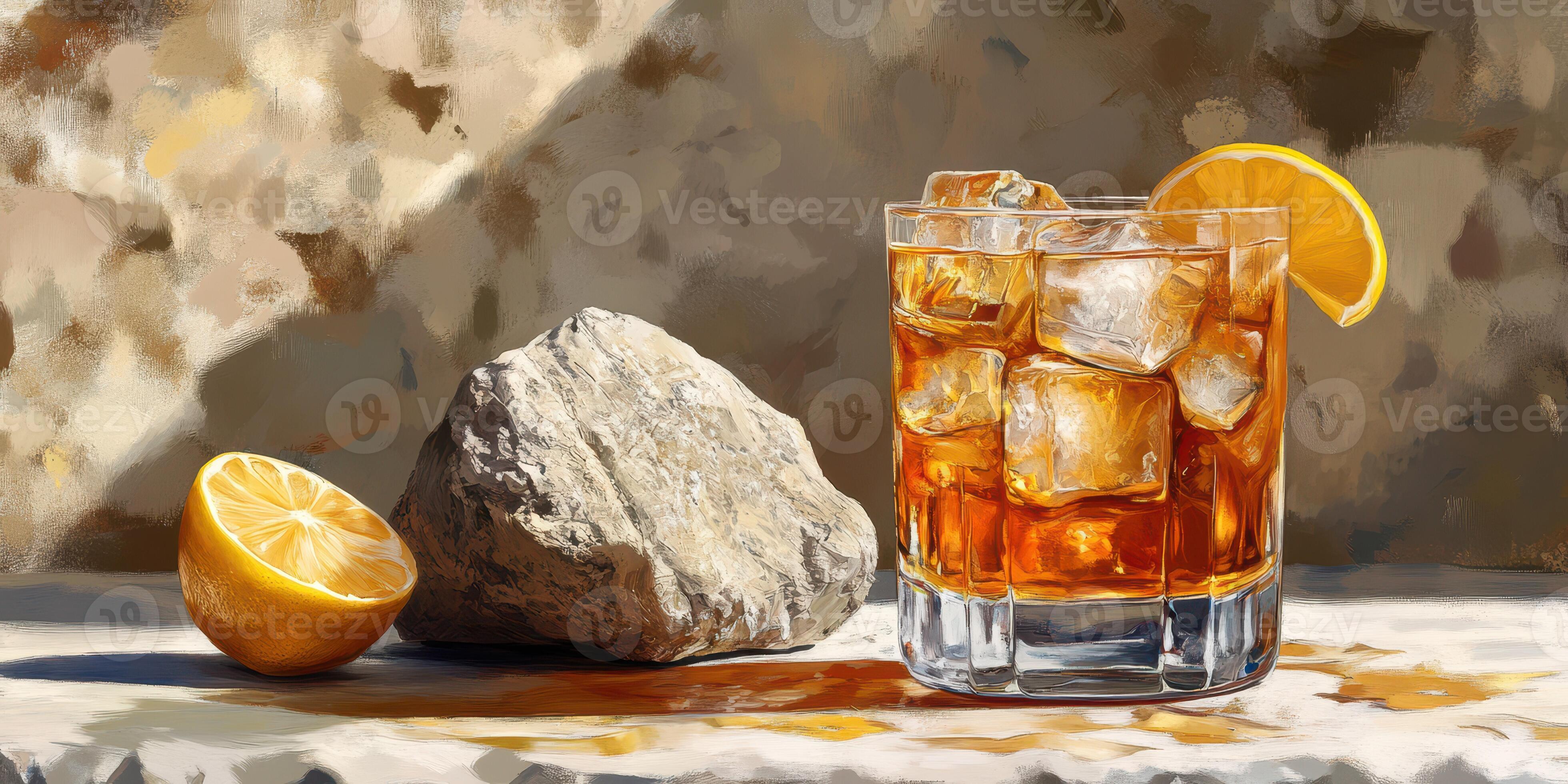 Refreshing drink with ice and citrus on a sunlit stone table in a serene outdoor setting ...