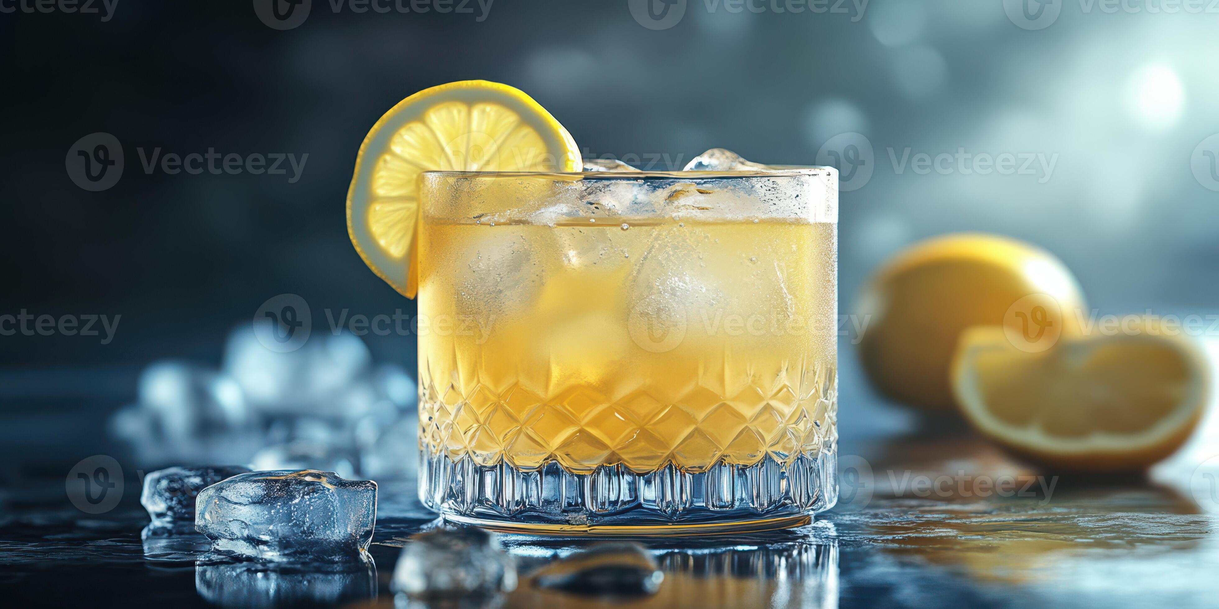 Refreshing citrus drink with ice and lemon slice served in a glass on a cool surface 56503504 ...