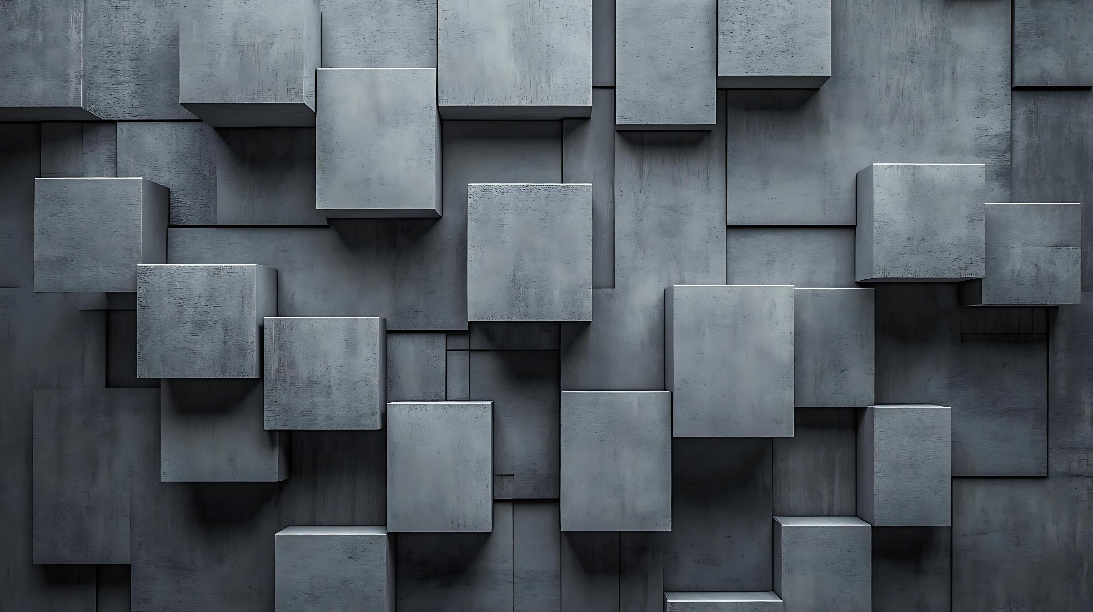 Architectural abstraction with a series of cuboid blocks of light gray concrete, creating ...