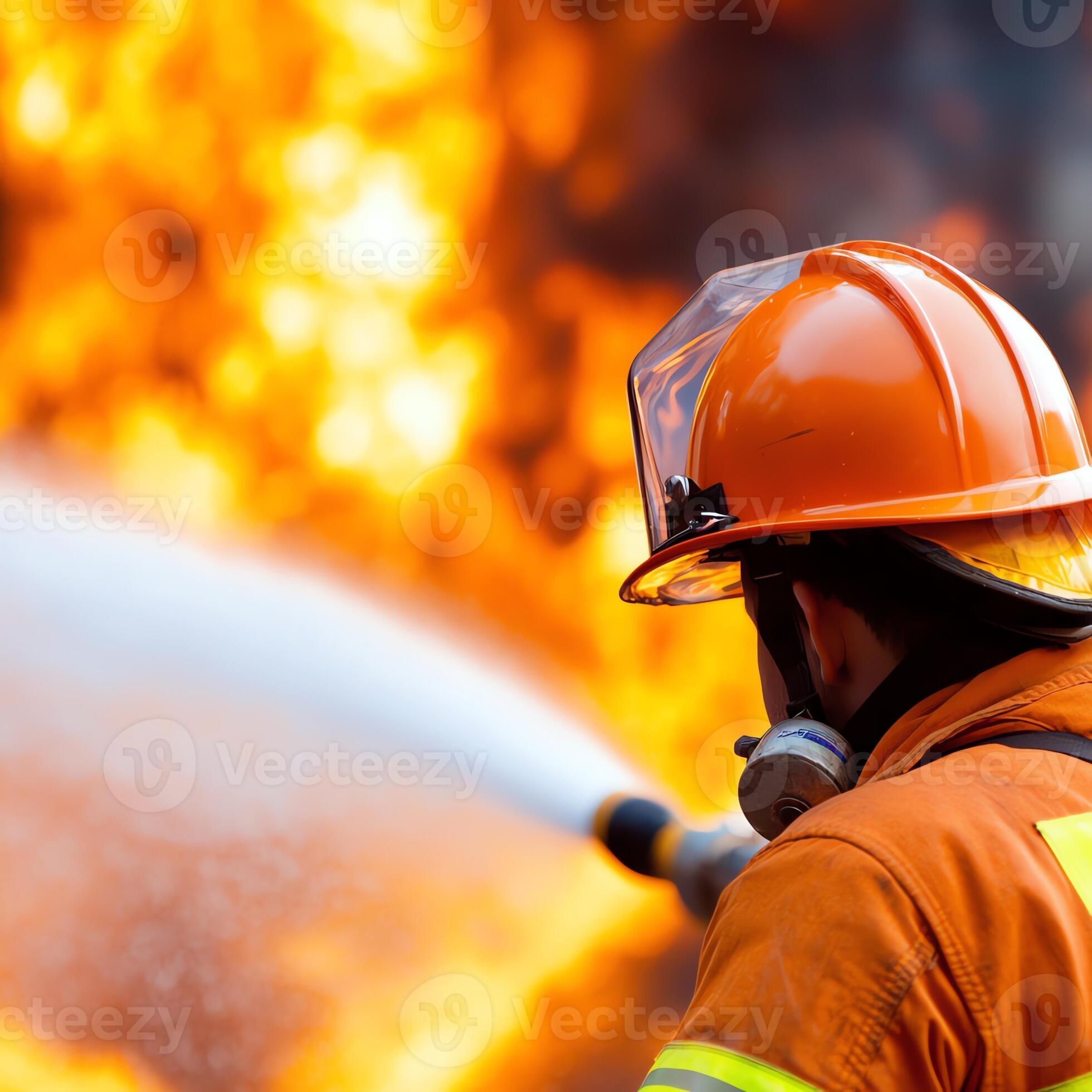 A brave firefighter battling a fierce blaze, wearing an orange uniform ...