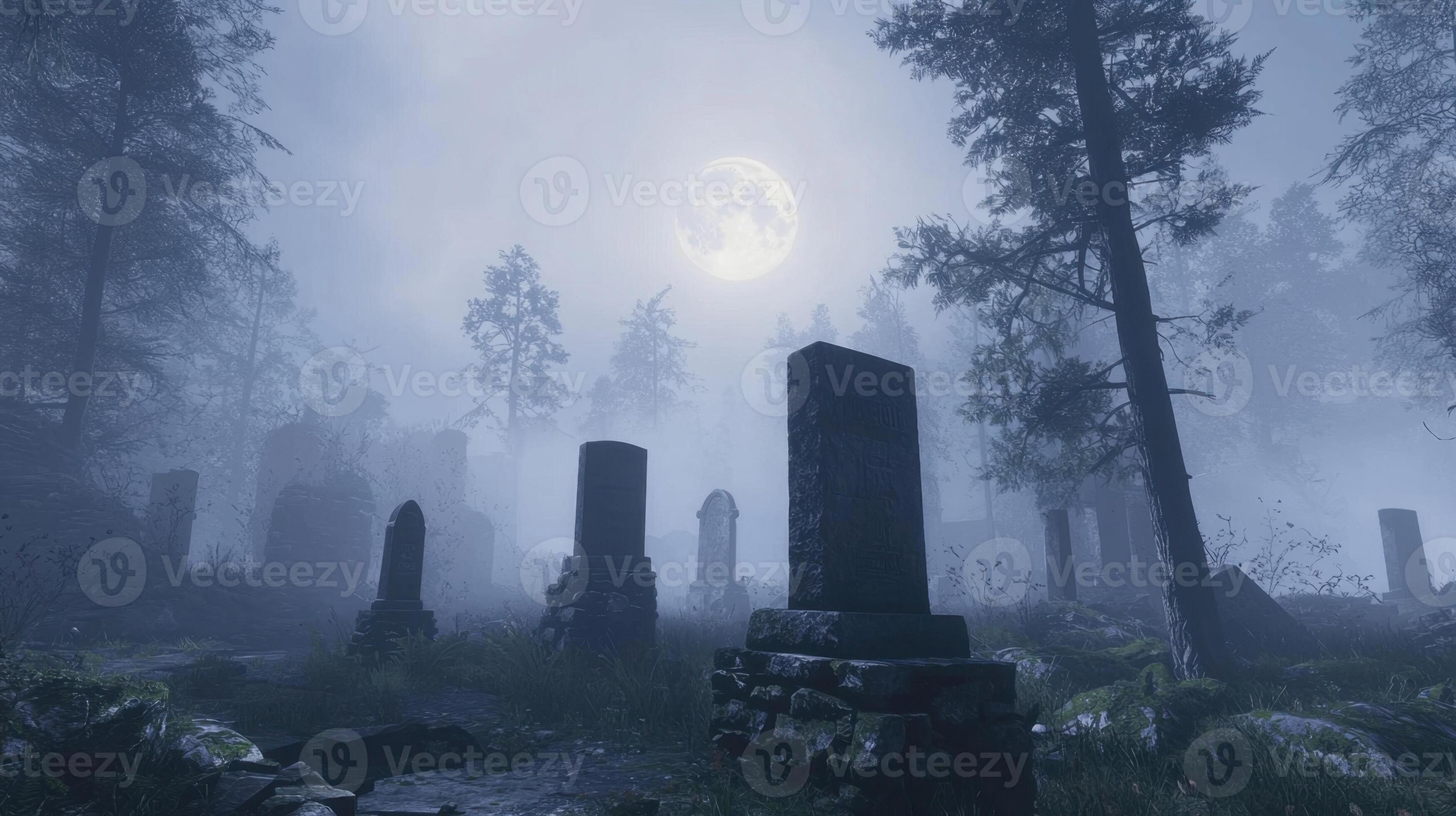 A graveyard shrouded in fog, with gravestones rising from the ground. The full moon casts a ...