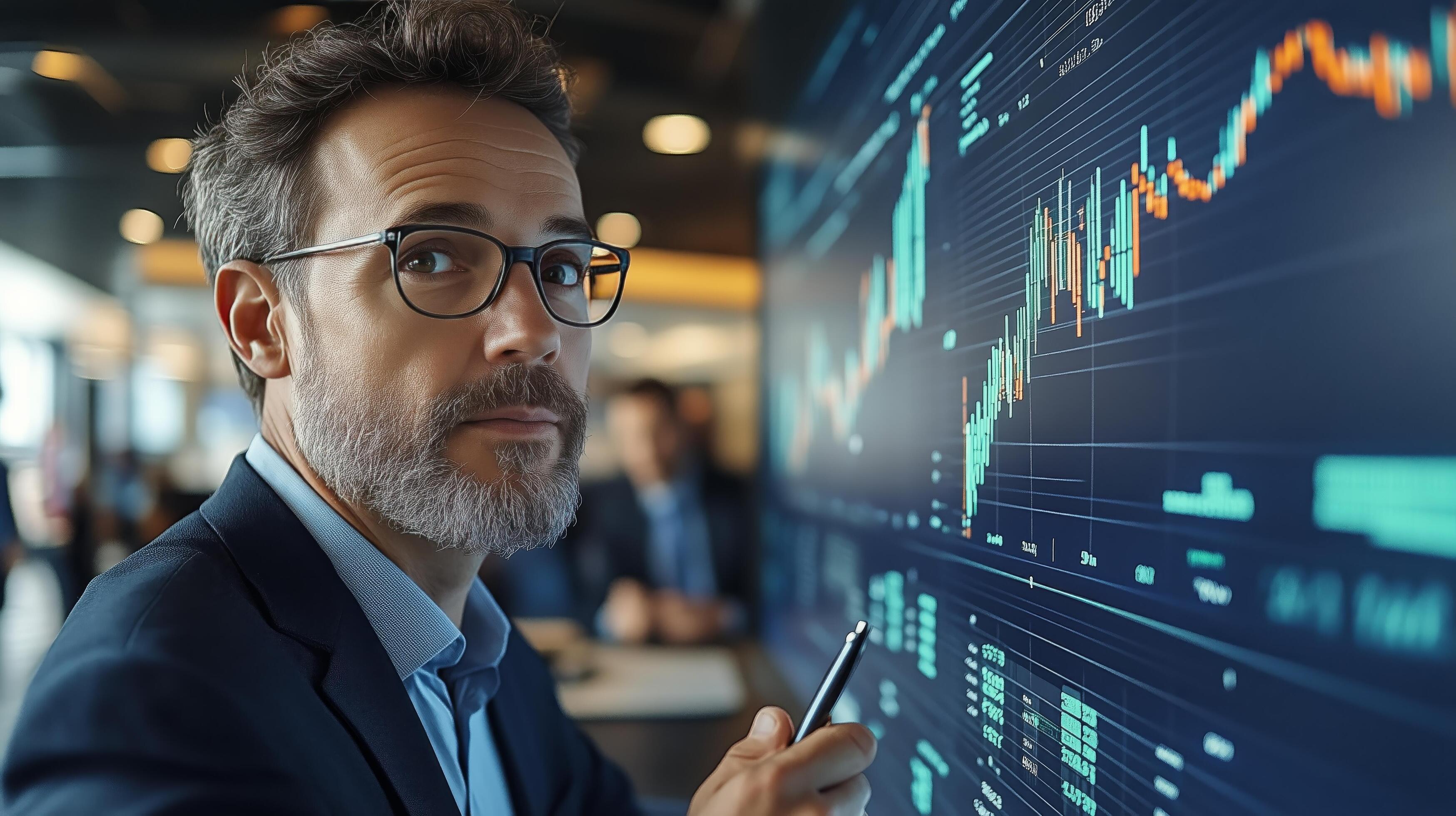 Professional man analyzing stock market data in a modern office setting. 56526561 Stock Photo at ...