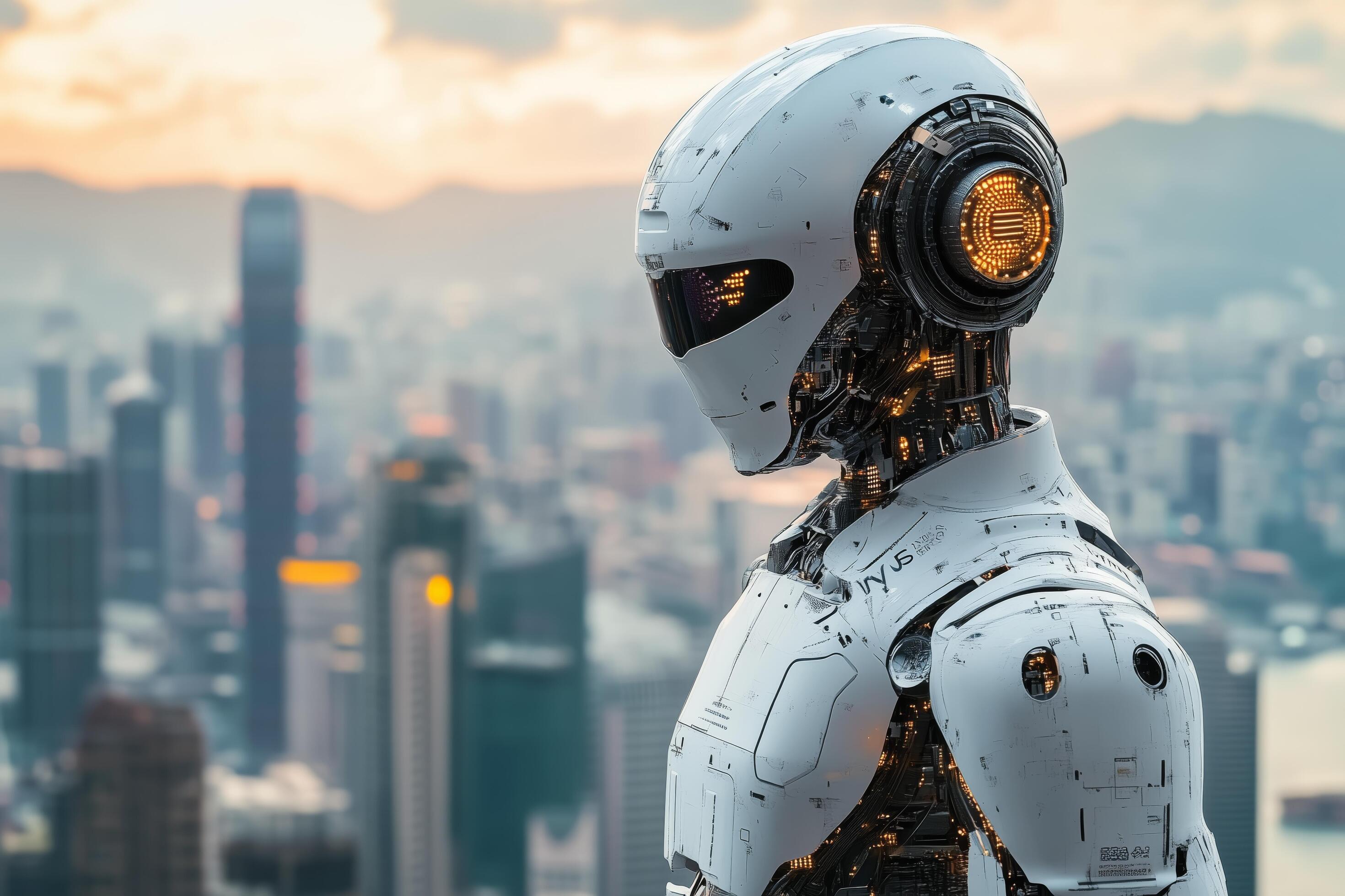 Robot gazes over a sunset skyline, showcasing advanced technology in a futuristic city. 56526617 ...