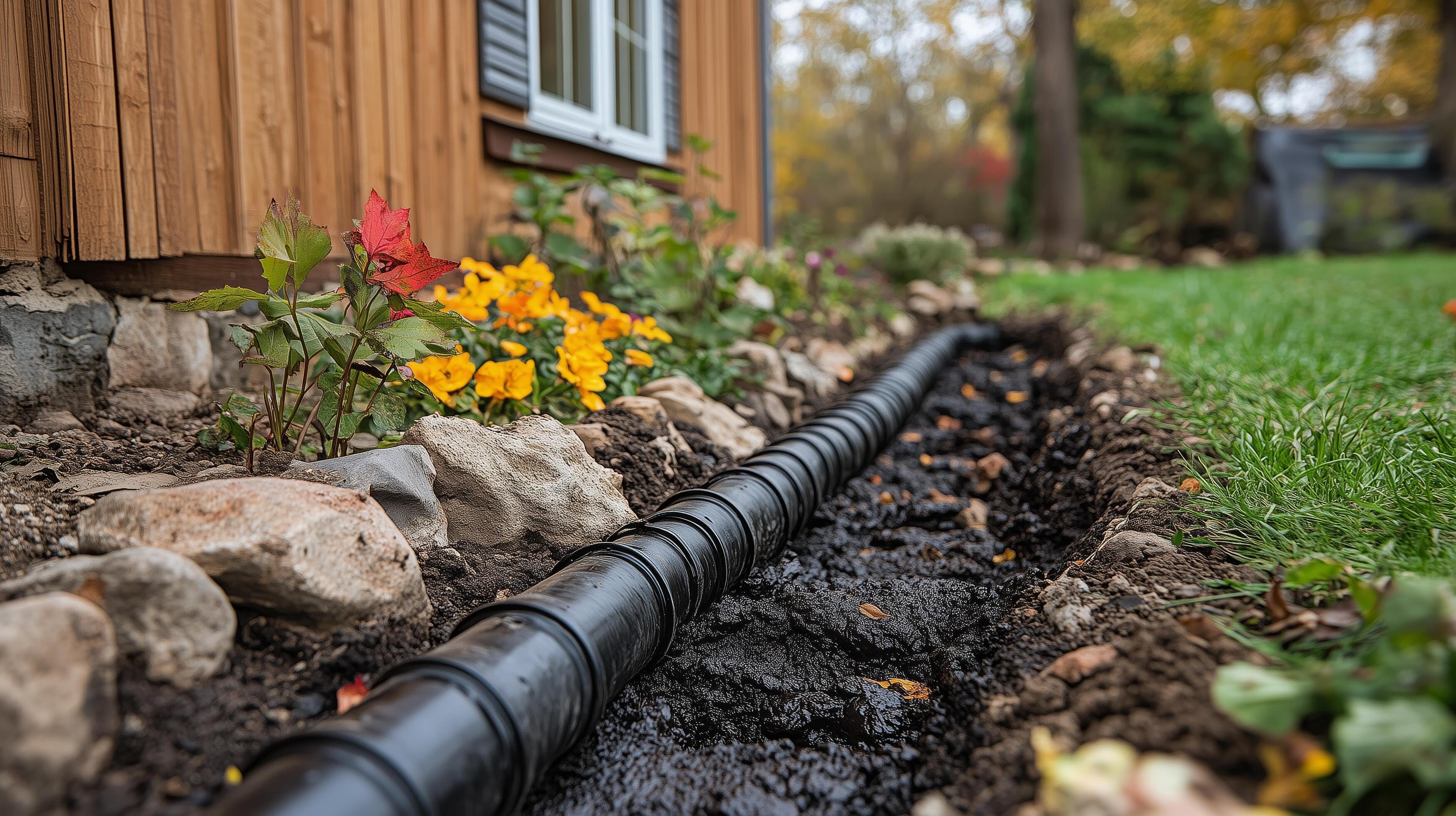 Garden drainage system improvement near wooden house surrounded by ...
