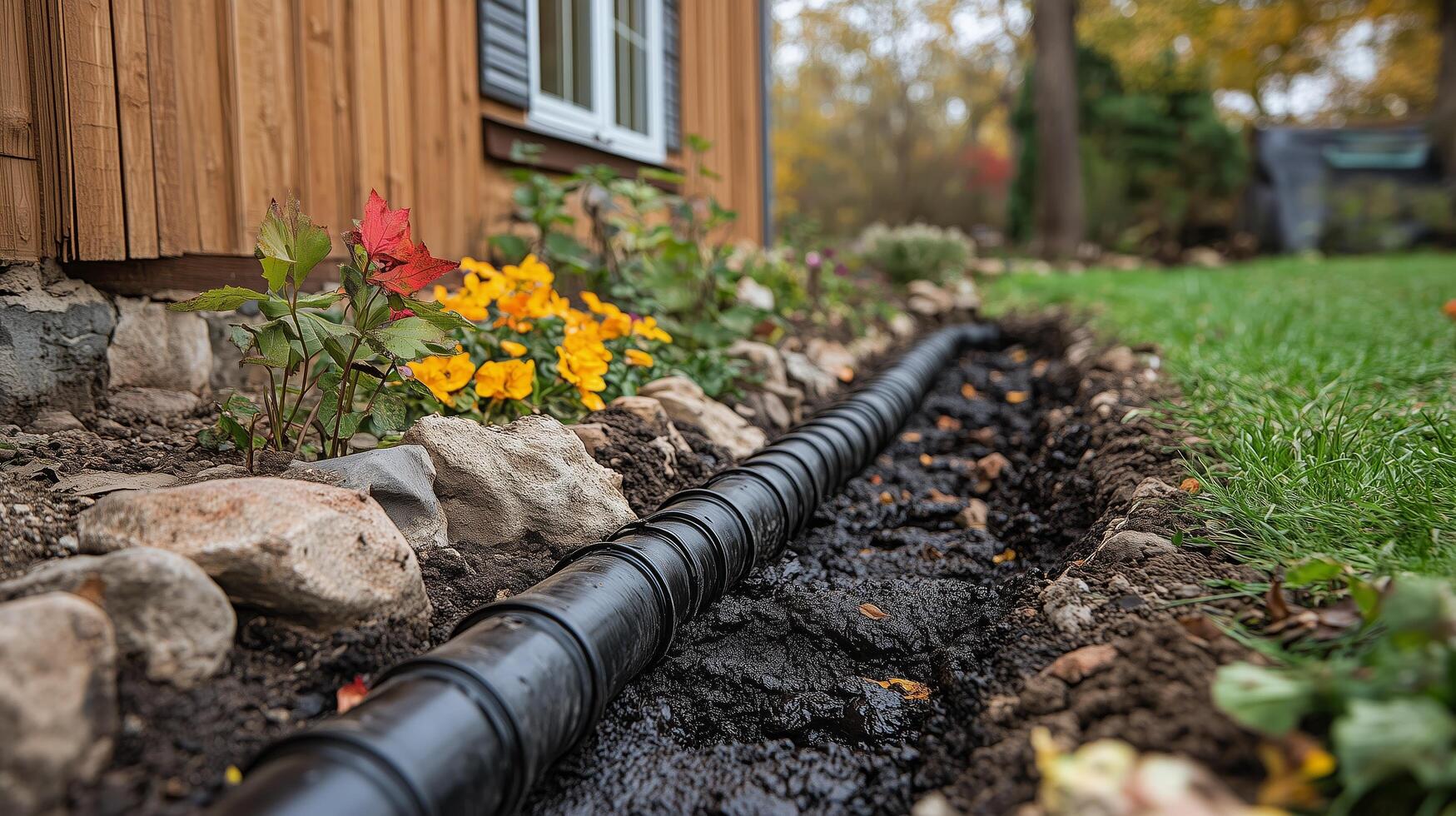 Garden drainage system improvement near wooden house surrounded by ...