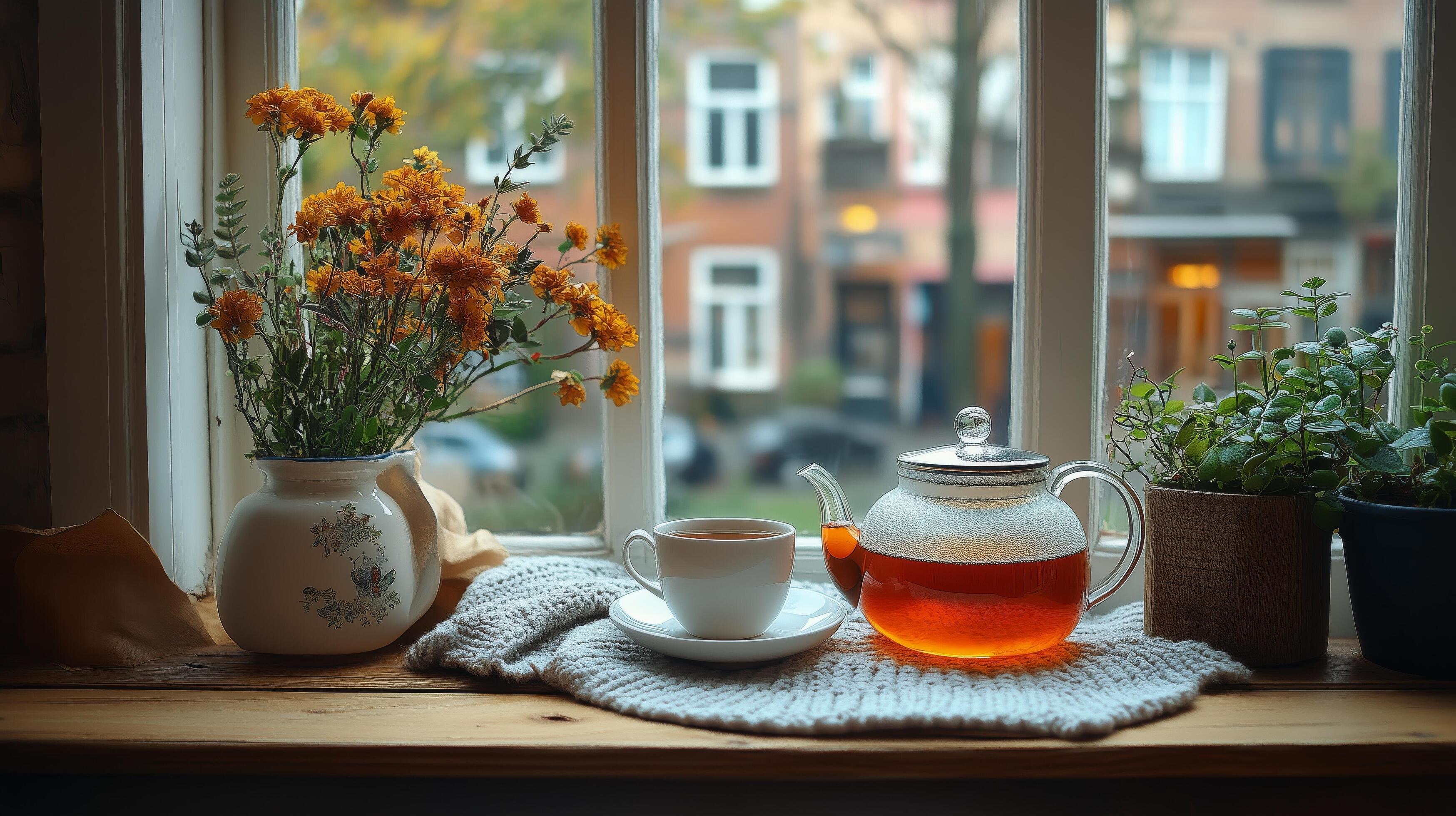Cozy tea time by the window with flowers and greenery in a charming ...