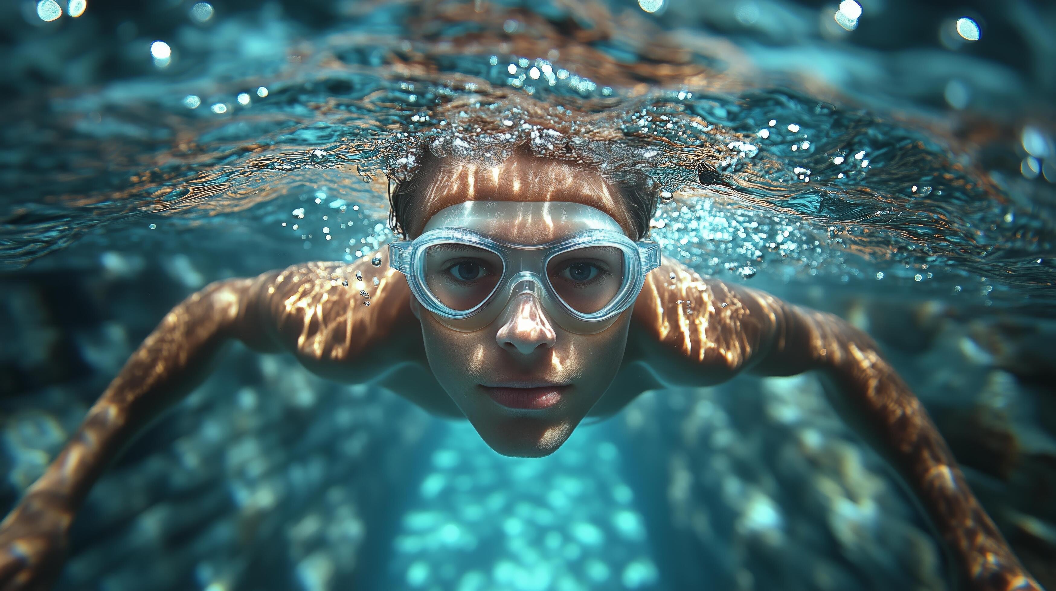 Swimmer gliding through clear water under bright sunlight in a pool. 56527744 Stock Photo at ...