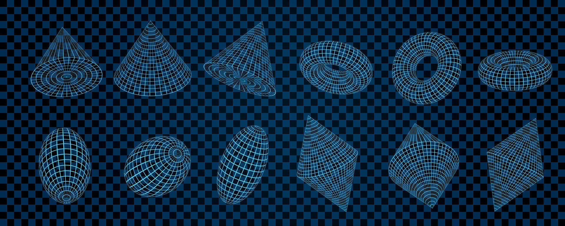 3D abstract collection of wireframe mesh shapes, including cones ...