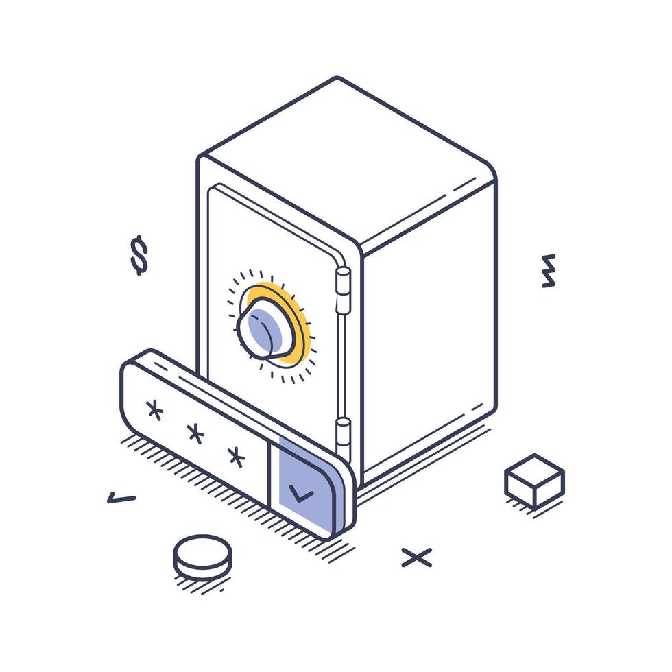 Isometric line art icon representing a secure bank vault in finance and ...