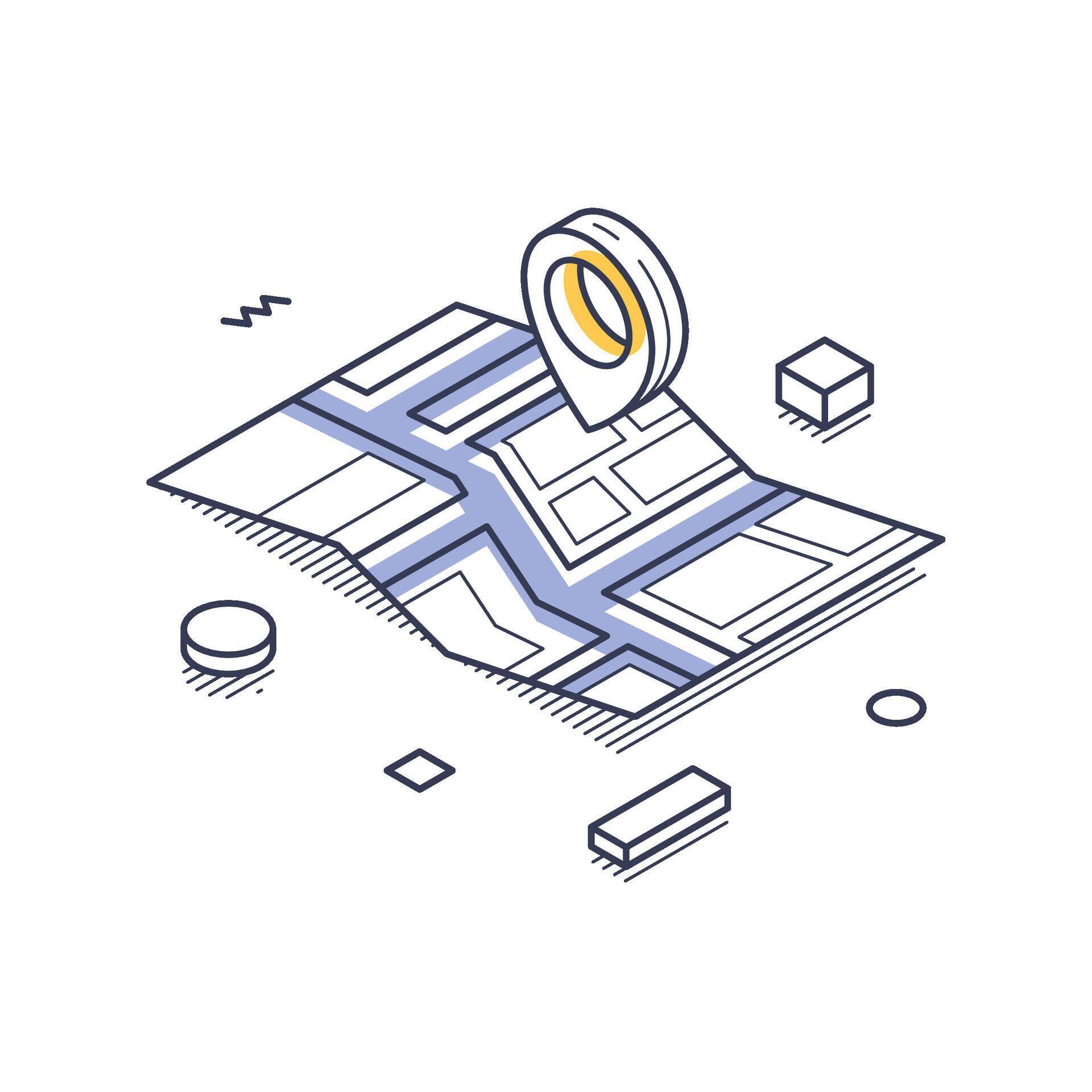 Isometric line art icon illustrating delivery service on a map with ...