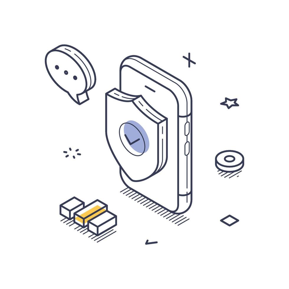 Isometric Line Art Icon Representing Internet Security Features With Device Protection Elements