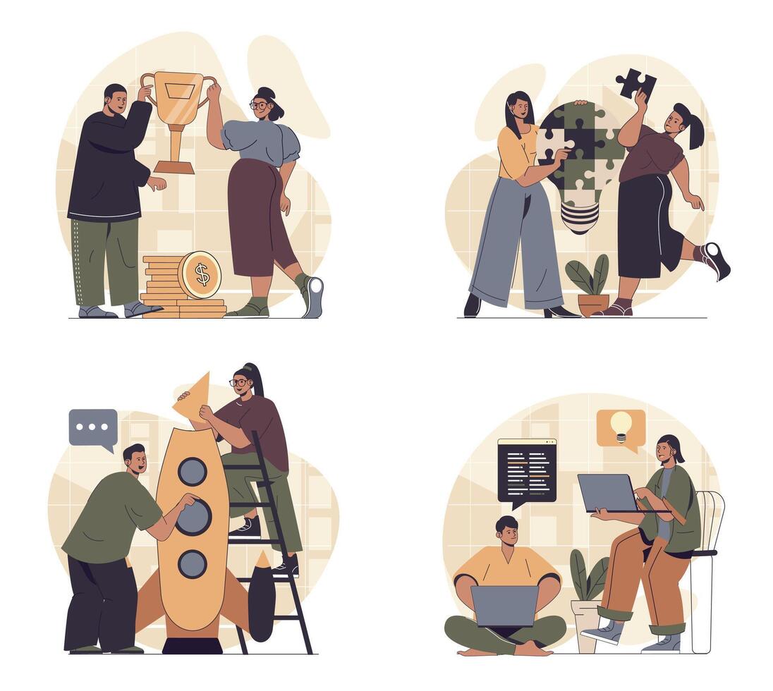 Teamwork concept scenes set in flat web design. People in situations of ...