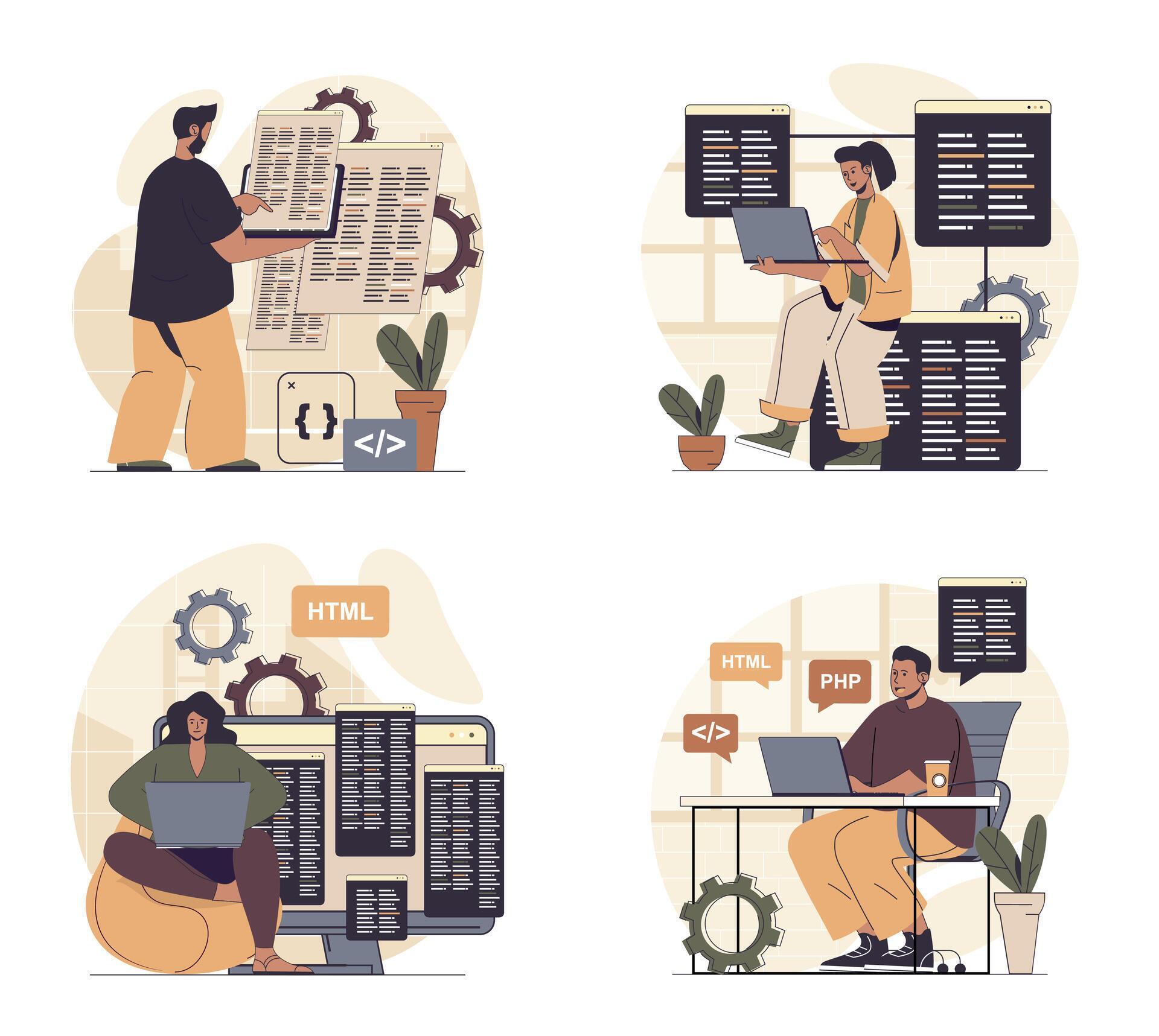 Programmer working concept scenes set in flat web design. People in situations of programming ...