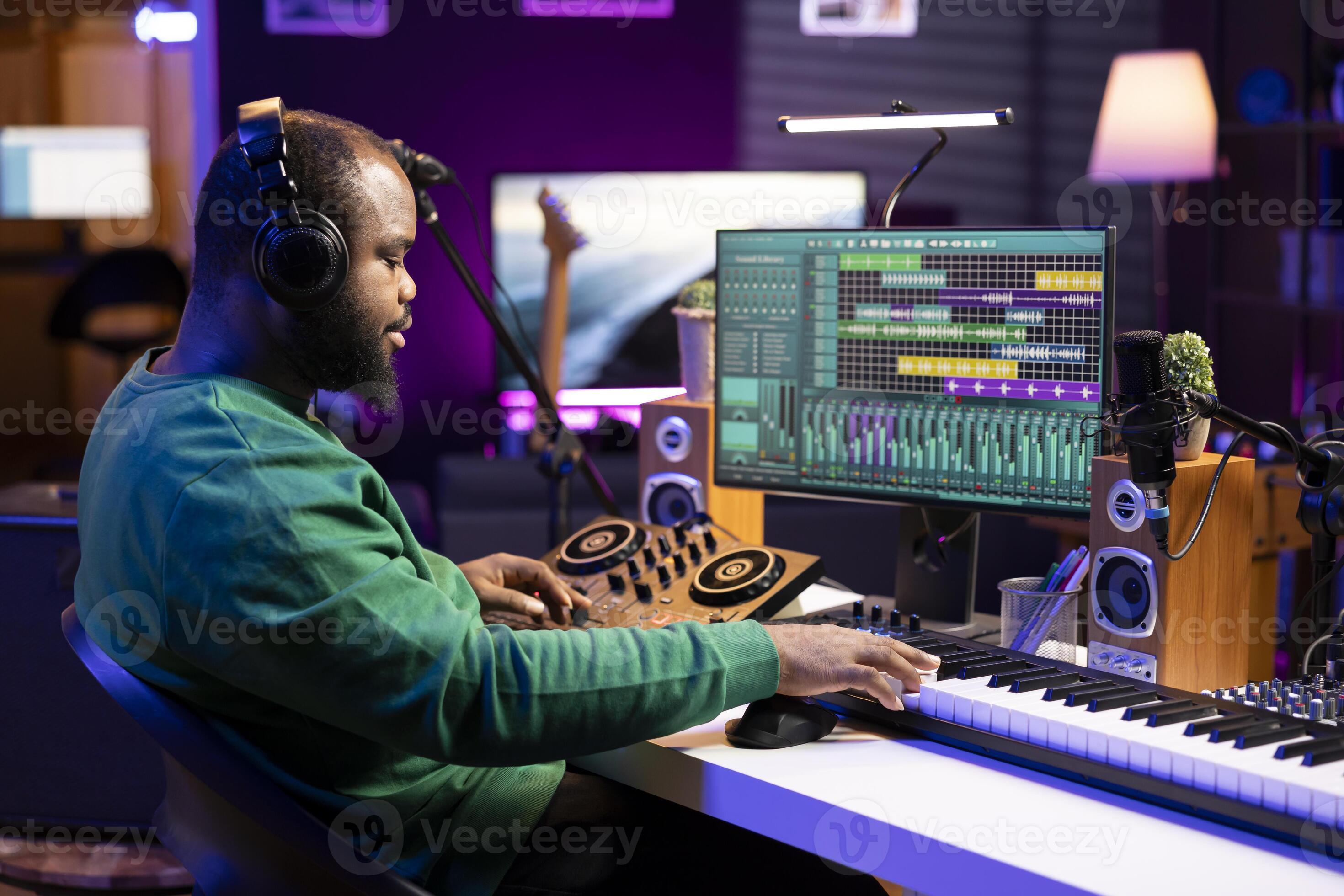 Sound Producer Operating On Mixing Console And Piano Keys In Home