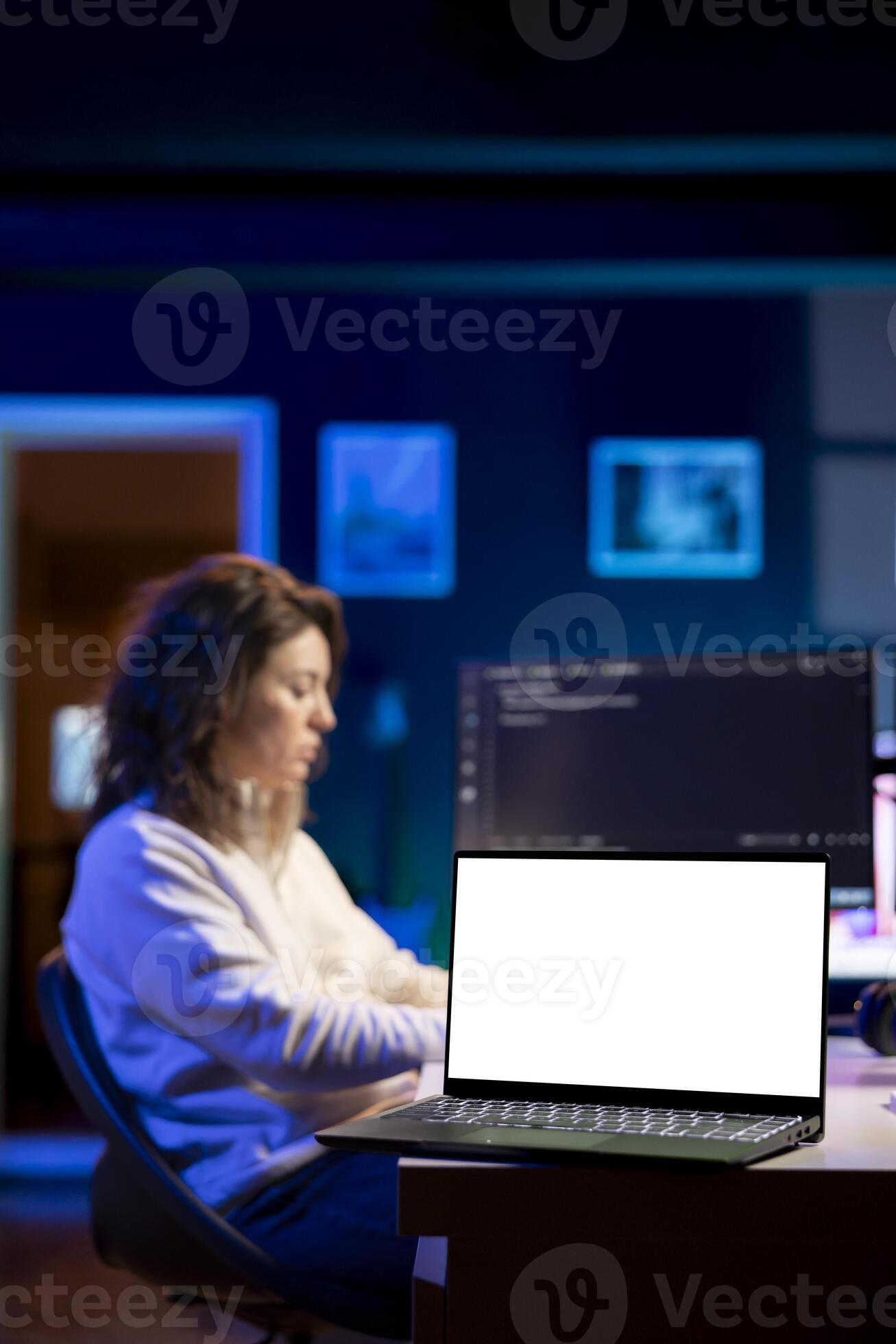 Technician Using Isolated Screen Laptop To Secure Company Servers From