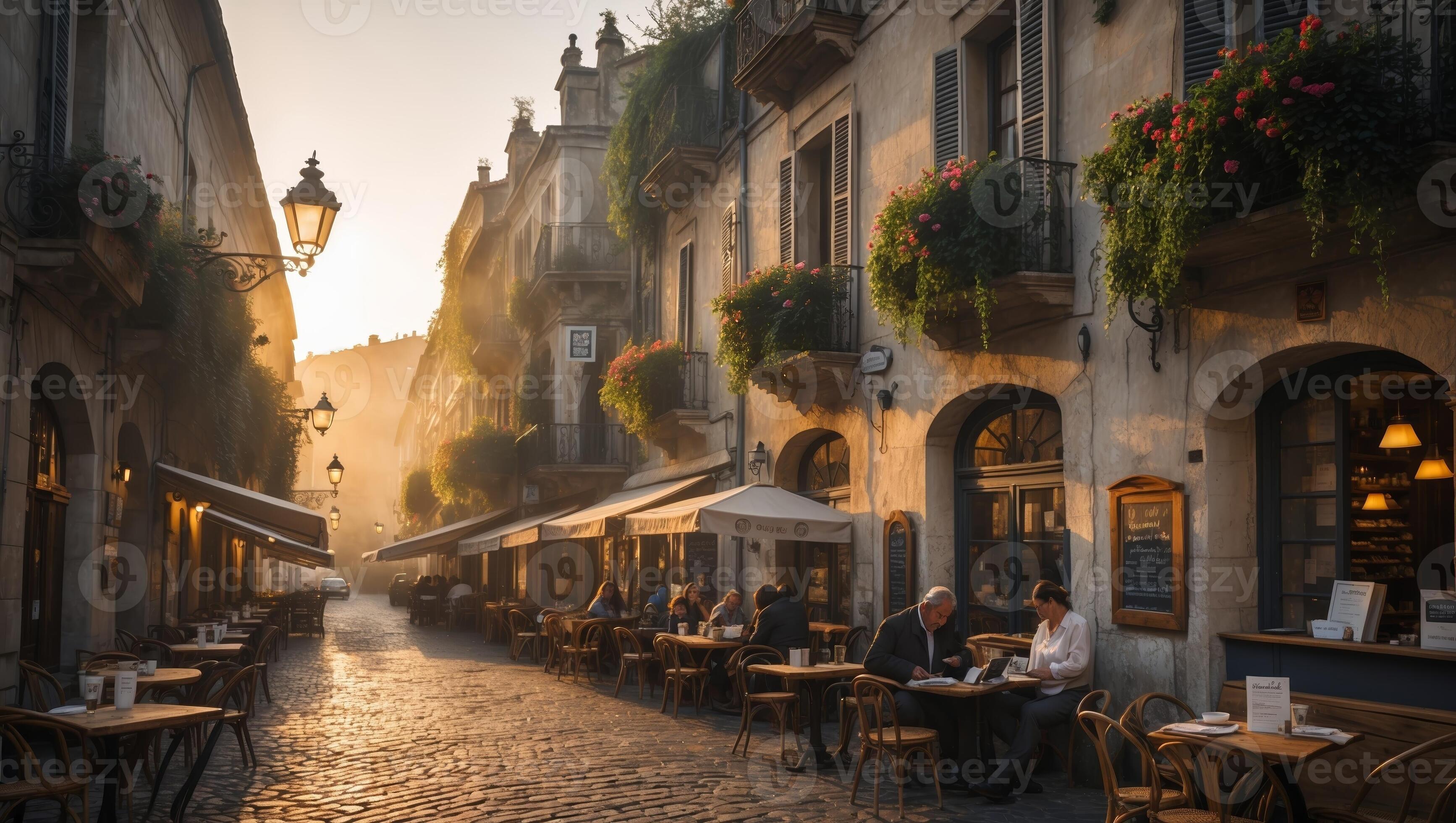Charming cobblestone street at sunset with diners enjoying outdoor seating in a picturesque town ...